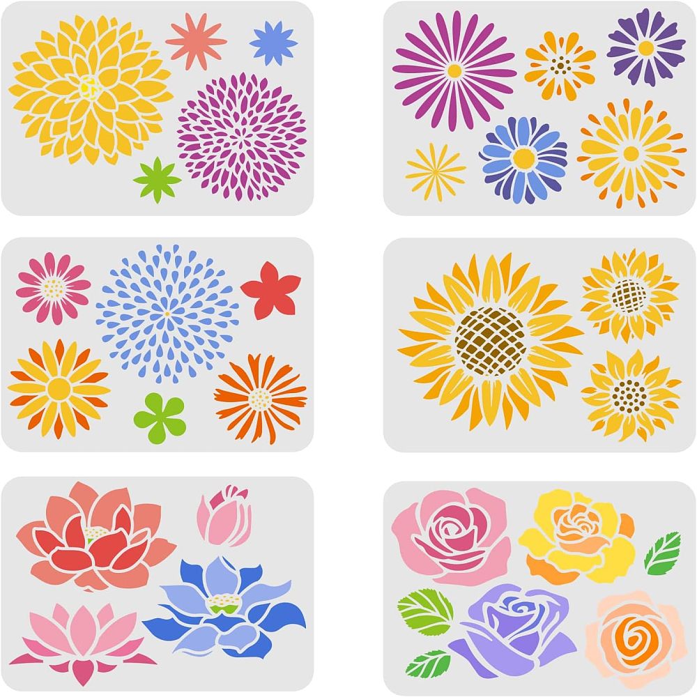 6PCS Flower Stencils Template 29.7x21cm Plastic Lotus Sunflower Rose ...