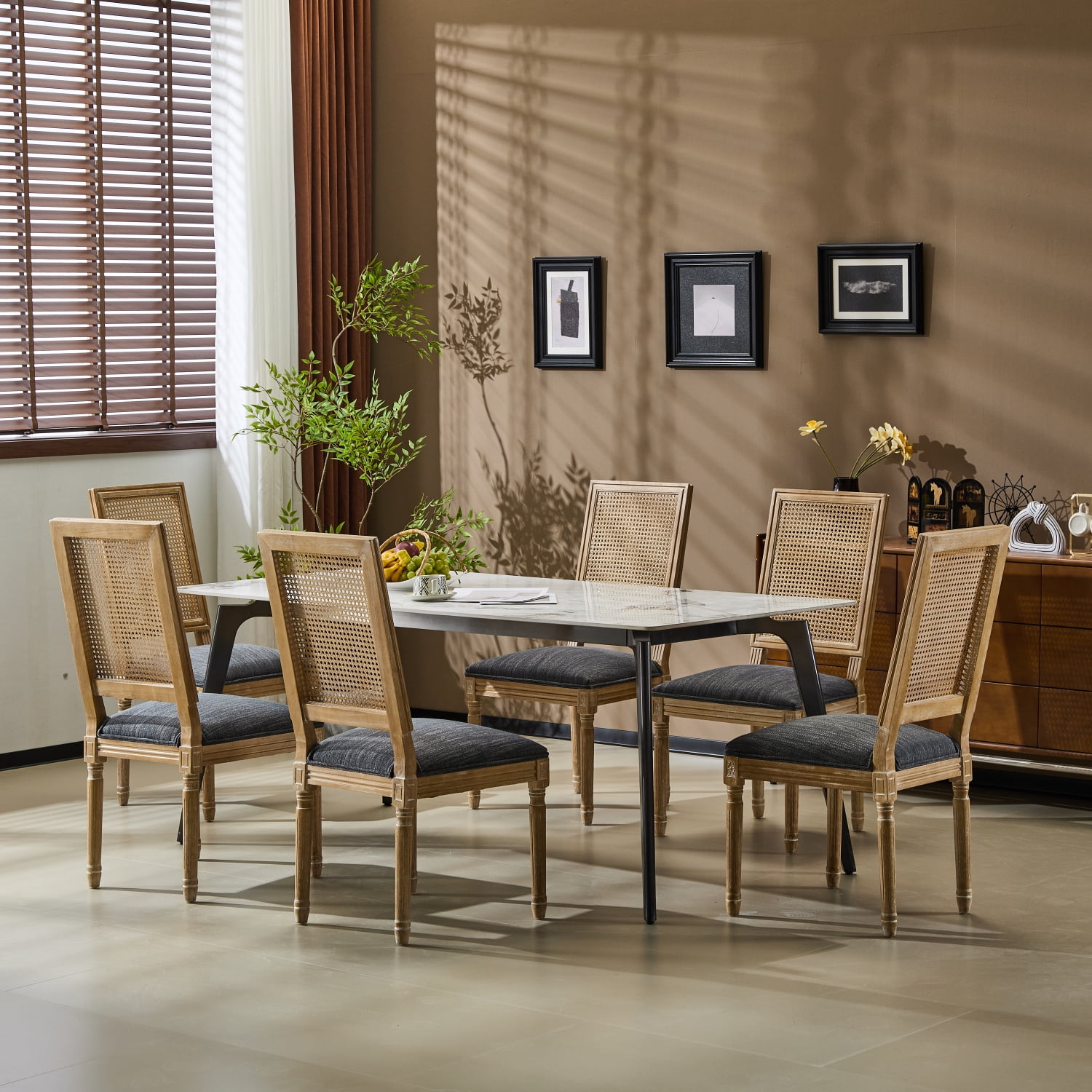 6PCS French Country Dining Chairs - Elegant Cane Backrest & Upholstered ...