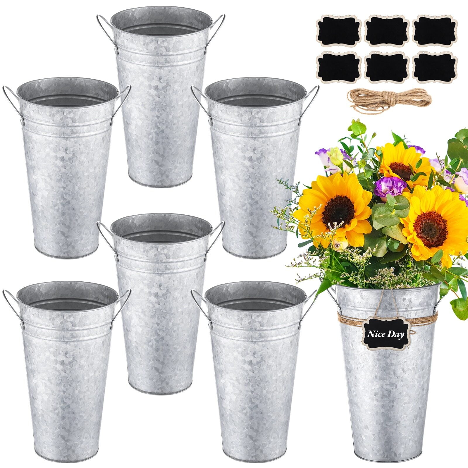 6PCS Galvanized Metal Vases, Rustic Farmhouse French Flower Bucket ...