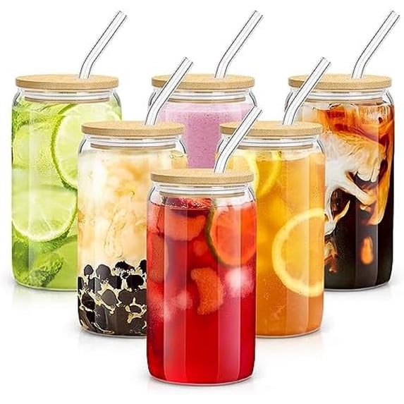 6PCS Glass Cups with Bamboo Lids and Straws, 16OZ Ice Coffee Cup ...