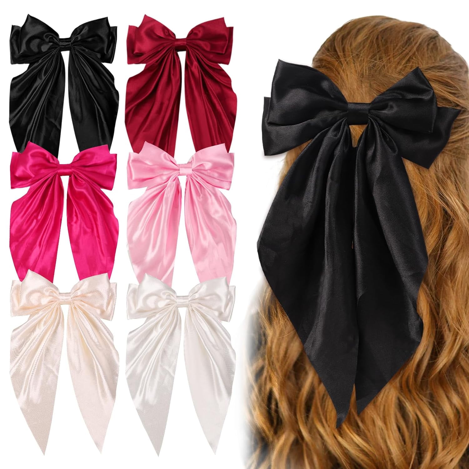 6PCS Hair Bows for Women Girls Big Hair Bows Clip Silky Satin Large ...