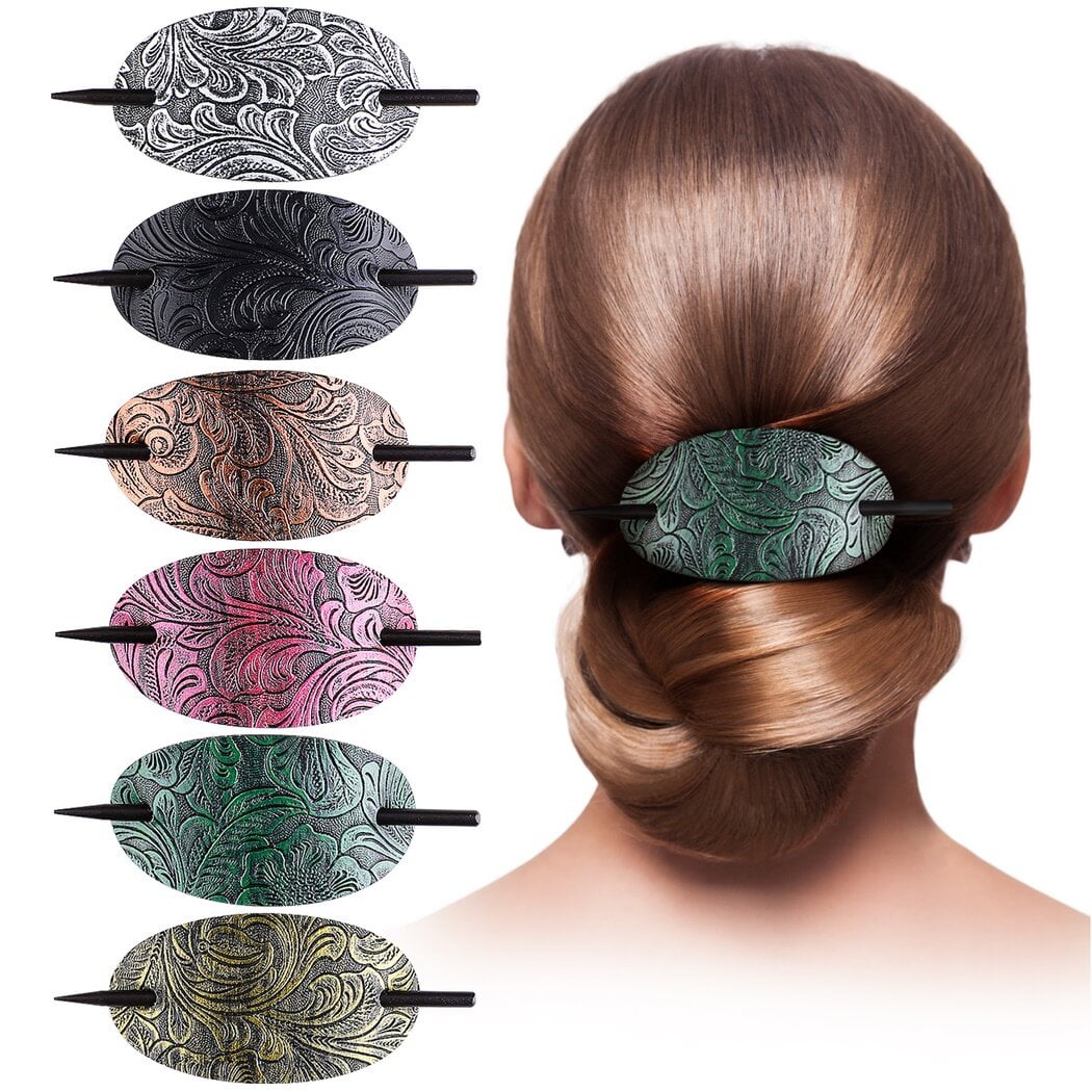 6PCS Hair Clips with Wooden Sticks, Classical Vintage Faux Leather Oval ...