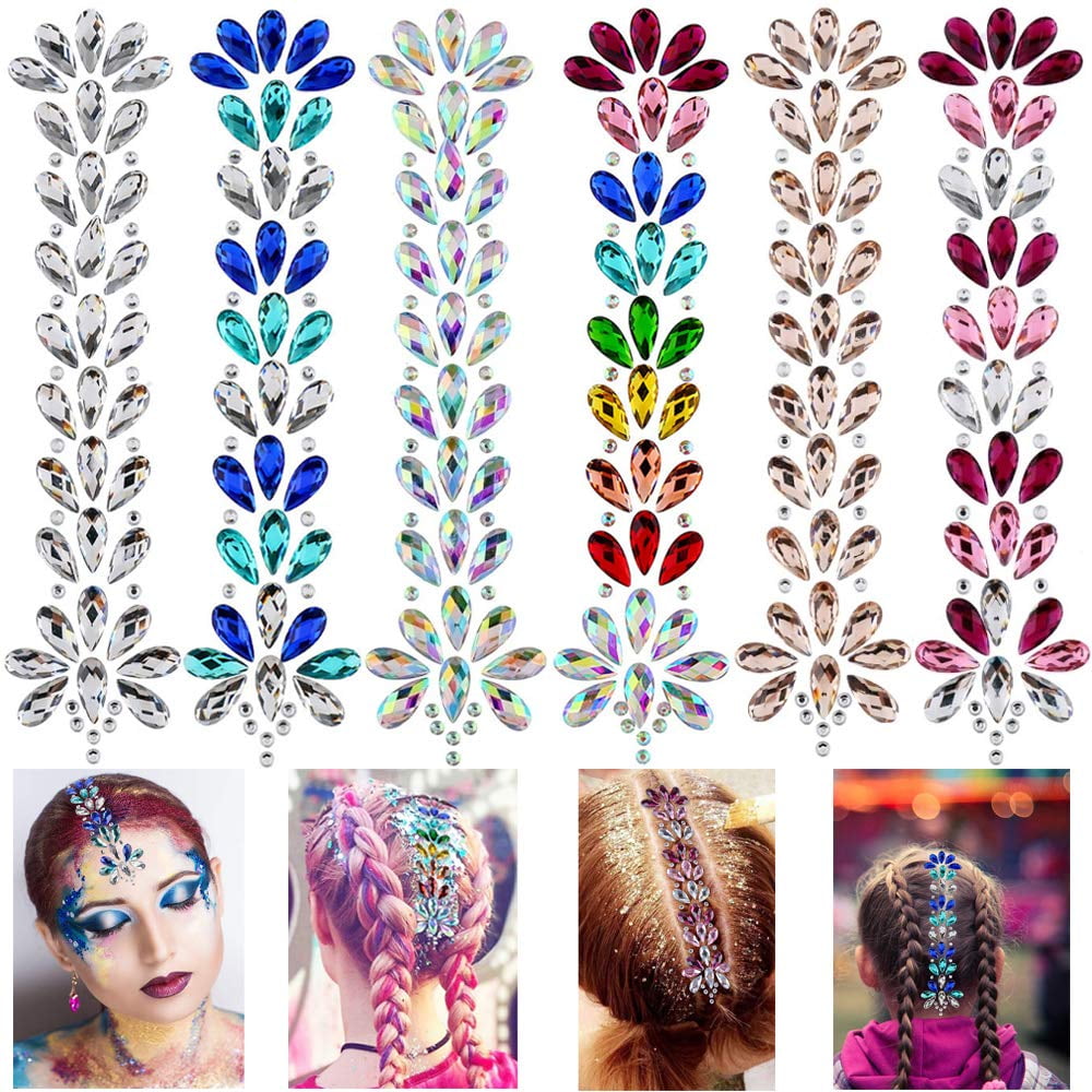 6PCS Hair Gems Tattoo Stickers Face Body Jewels Stickers Eyes Forehead ...