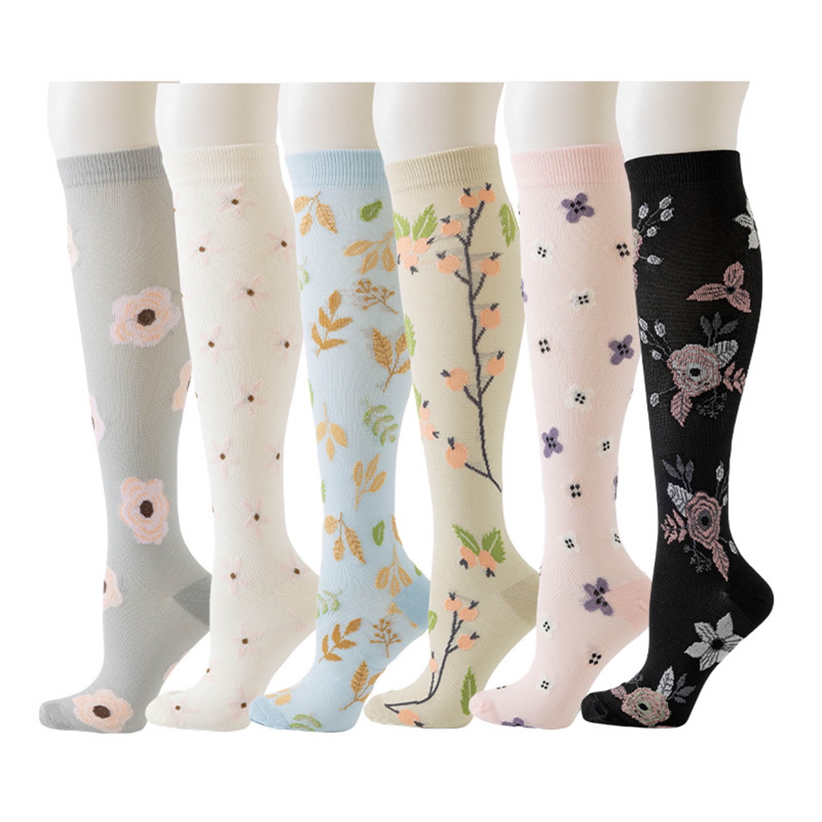 6PCS Knee High Socks for Women Floral Pattern Compression Socks ...