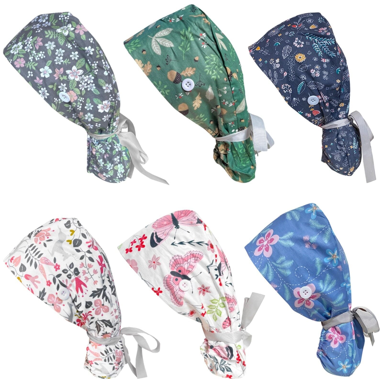 6PCS Lined Scrub Caps, Women Nurse Surgical Hats with Rubber Band Ponytail Working Adjustable ...