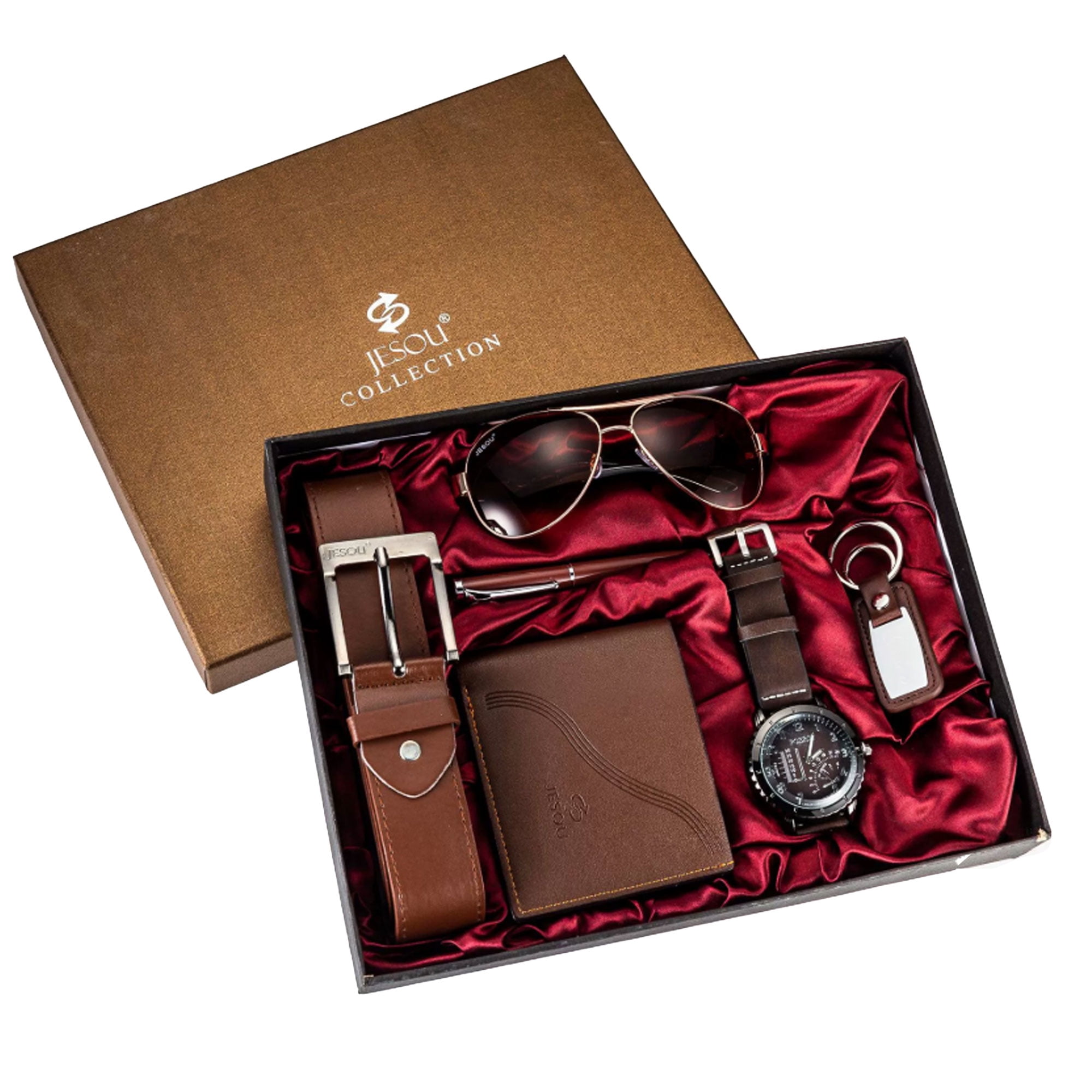6PCS Men's Gift Box Set - Includes Leather Belt, Wallet, Watch, Glasses ...