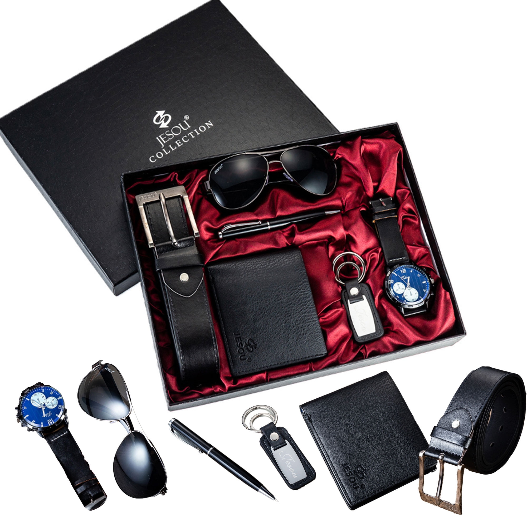 6PCS Men's Gift Box Set - Includes Leather Belt, Wallet, Watch, Glasses ...