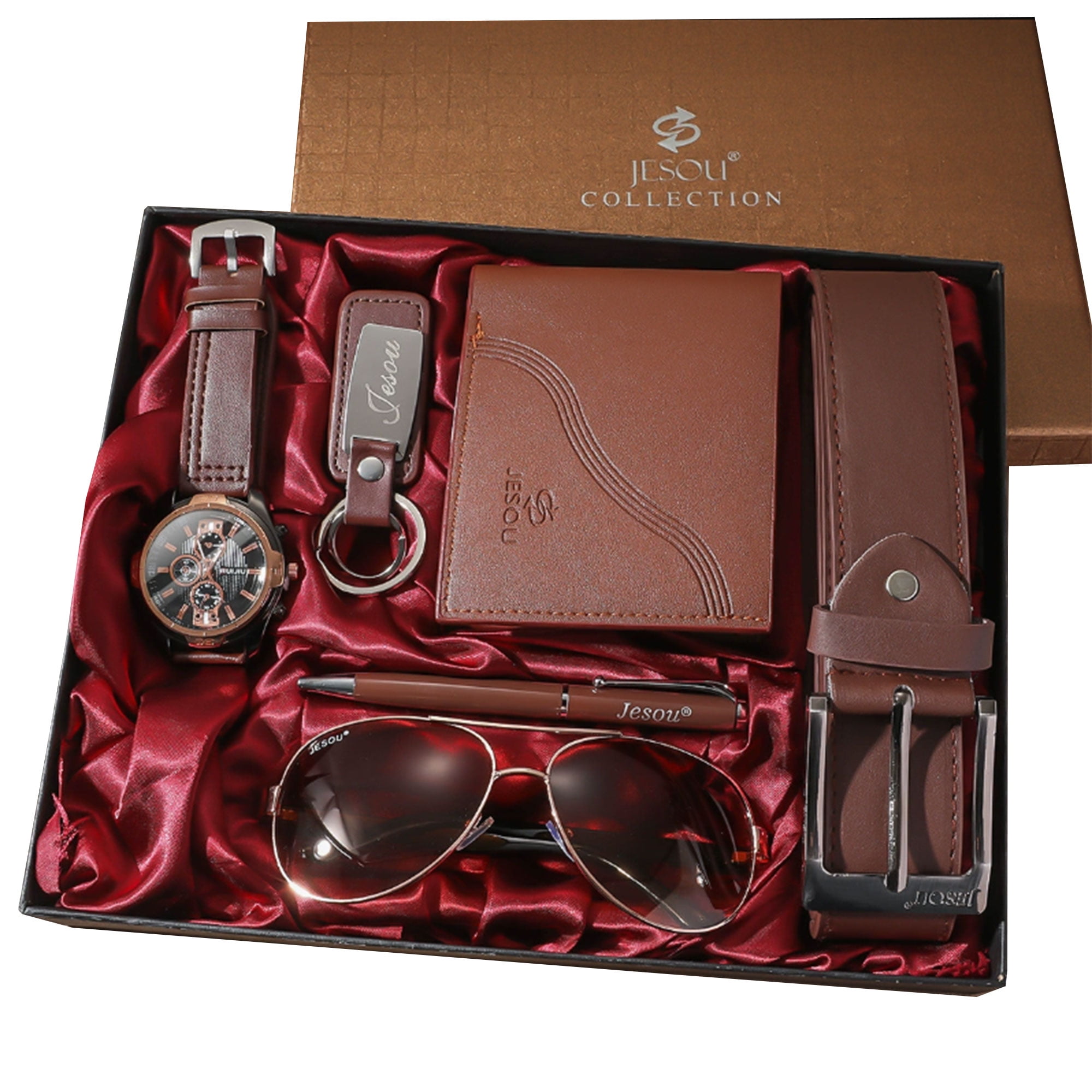6PCS Men's Gift Box Set - Includes Leather Belt, Wallet, Watch, Glasses ...