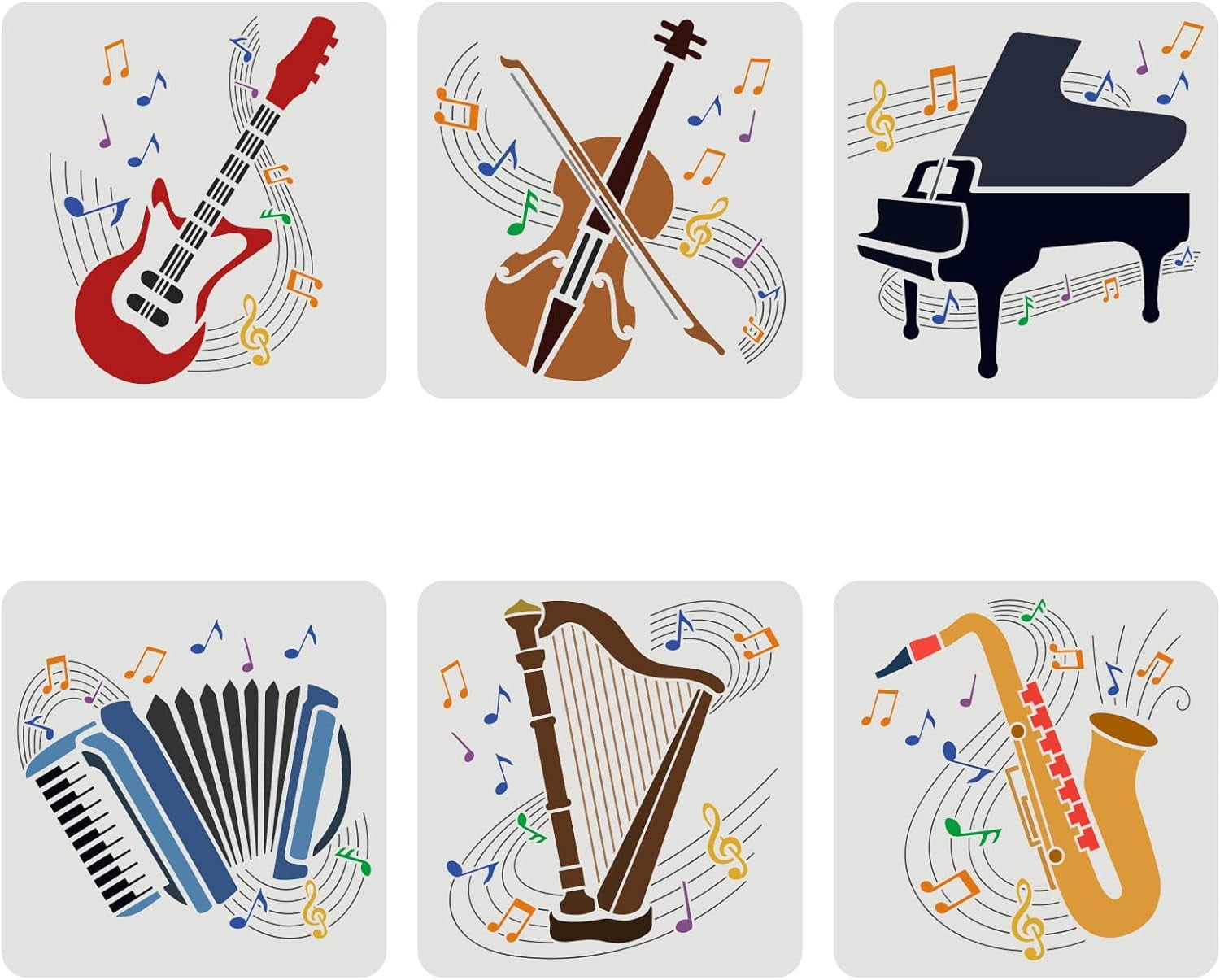 6PCS Musical Instrument Stencils 11.8x11.8 inch Guitar Violin Piano ...