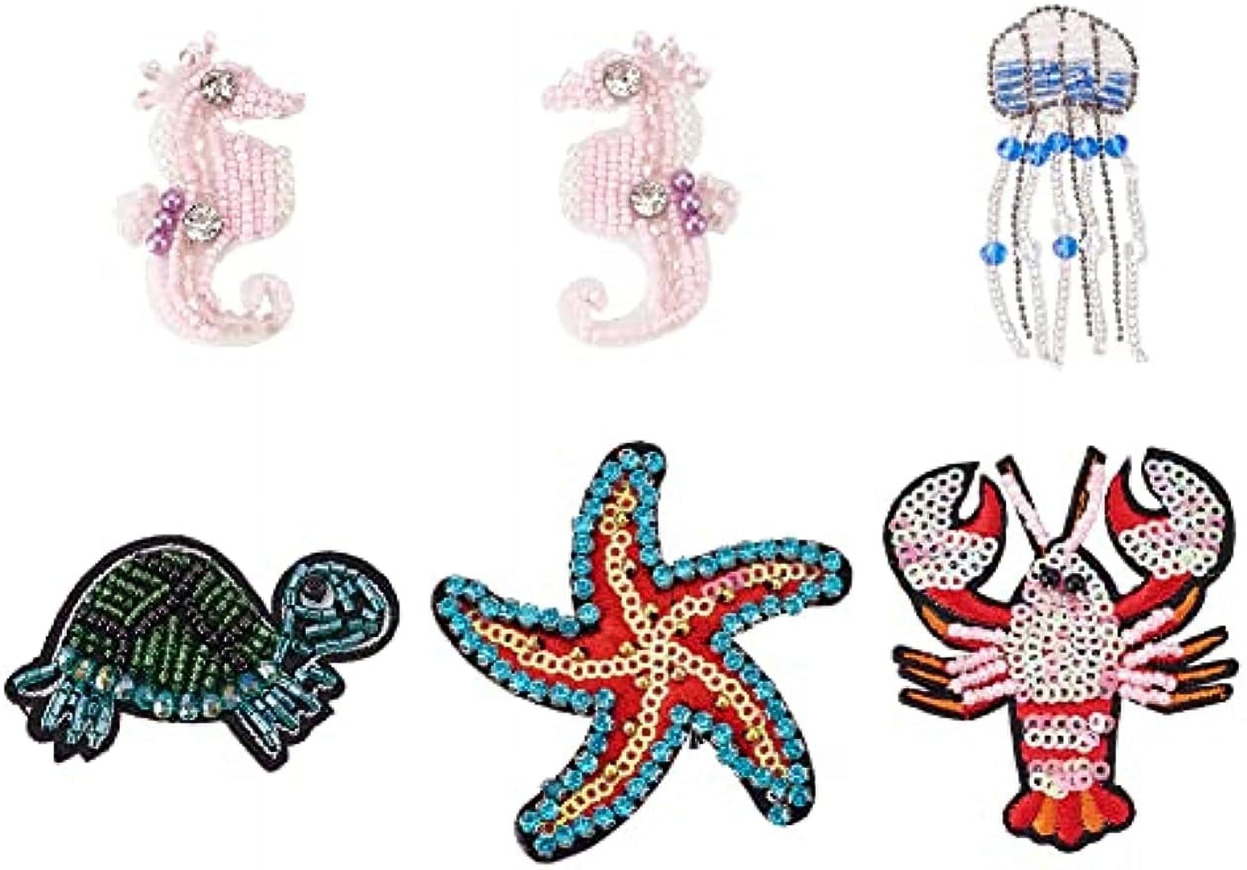 6PCS Ocean Animals Beaded Rhinestone Patches 5 Style Tortoise Jellyfish ...