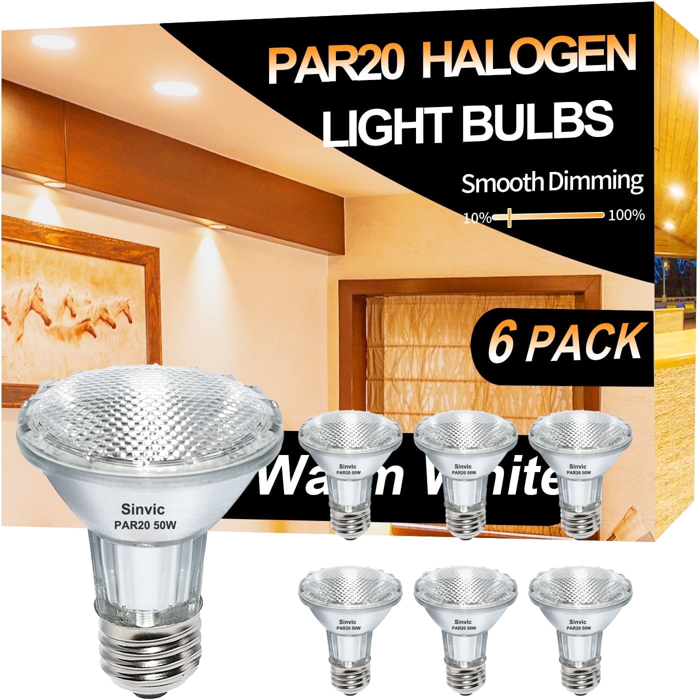 Sinvic 6PCS Par20 50W Halogen Floodlight Bulbs, Dimmable, Long Lifespan ...