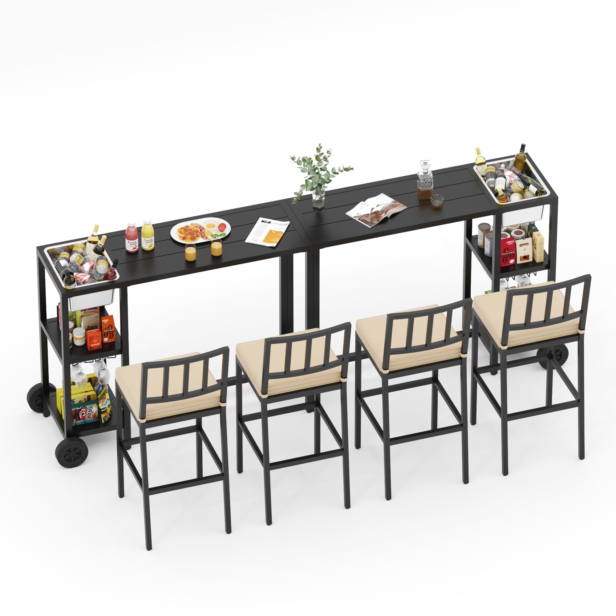 6PCS Patio Bar Set 2 Outdoor Metal Bar Dining Table with Stemware Racks ...