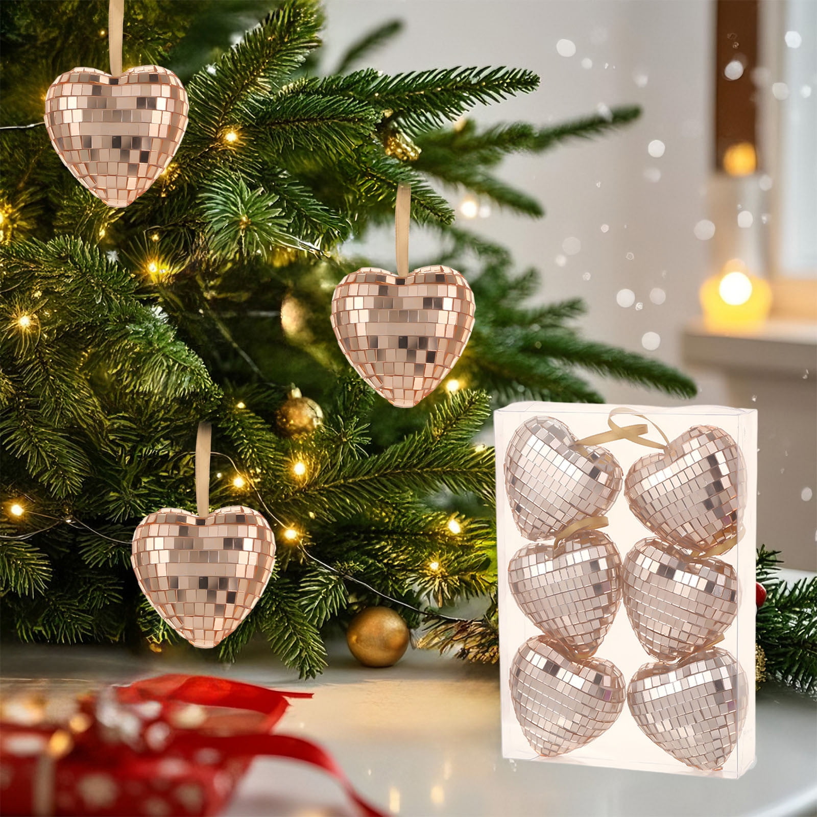 6PCS Pink Heart Shaped Christmas Ornaments, Mirror Disco Ball Hanging ...