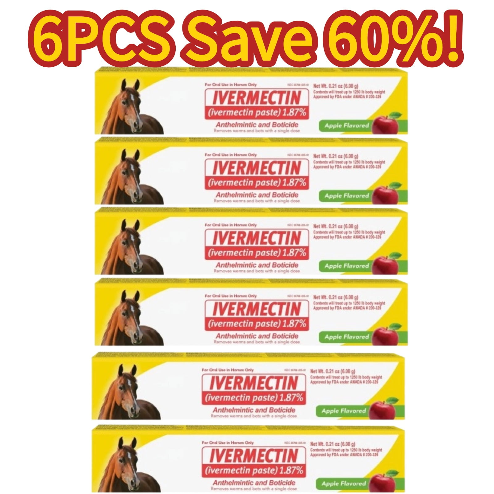 6PCS Pyrantel Paste Wormer, Apple Flavored Horse Dewormer control of ...