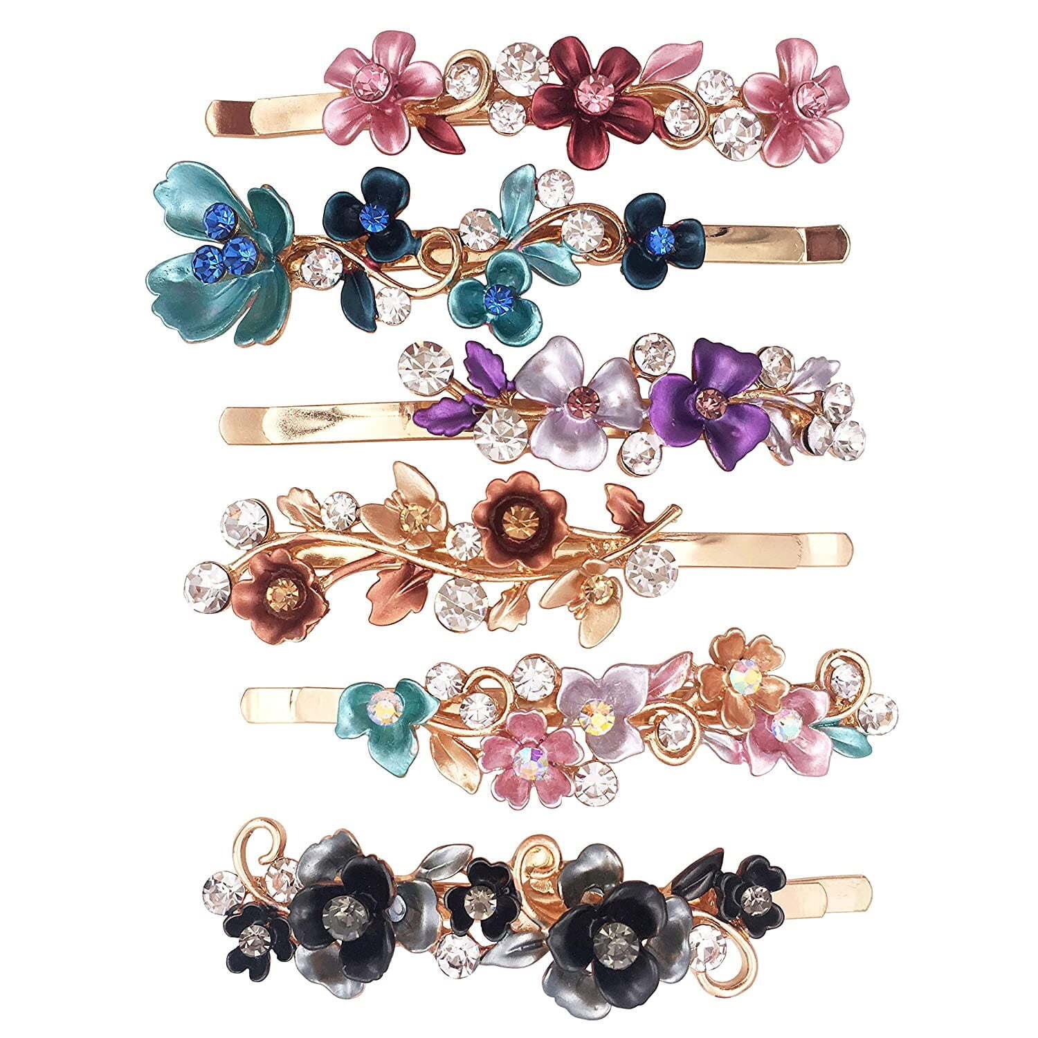 6PCS Rhinestone Bling Flower Small Mini Barrette Decorative Hair Clips ...