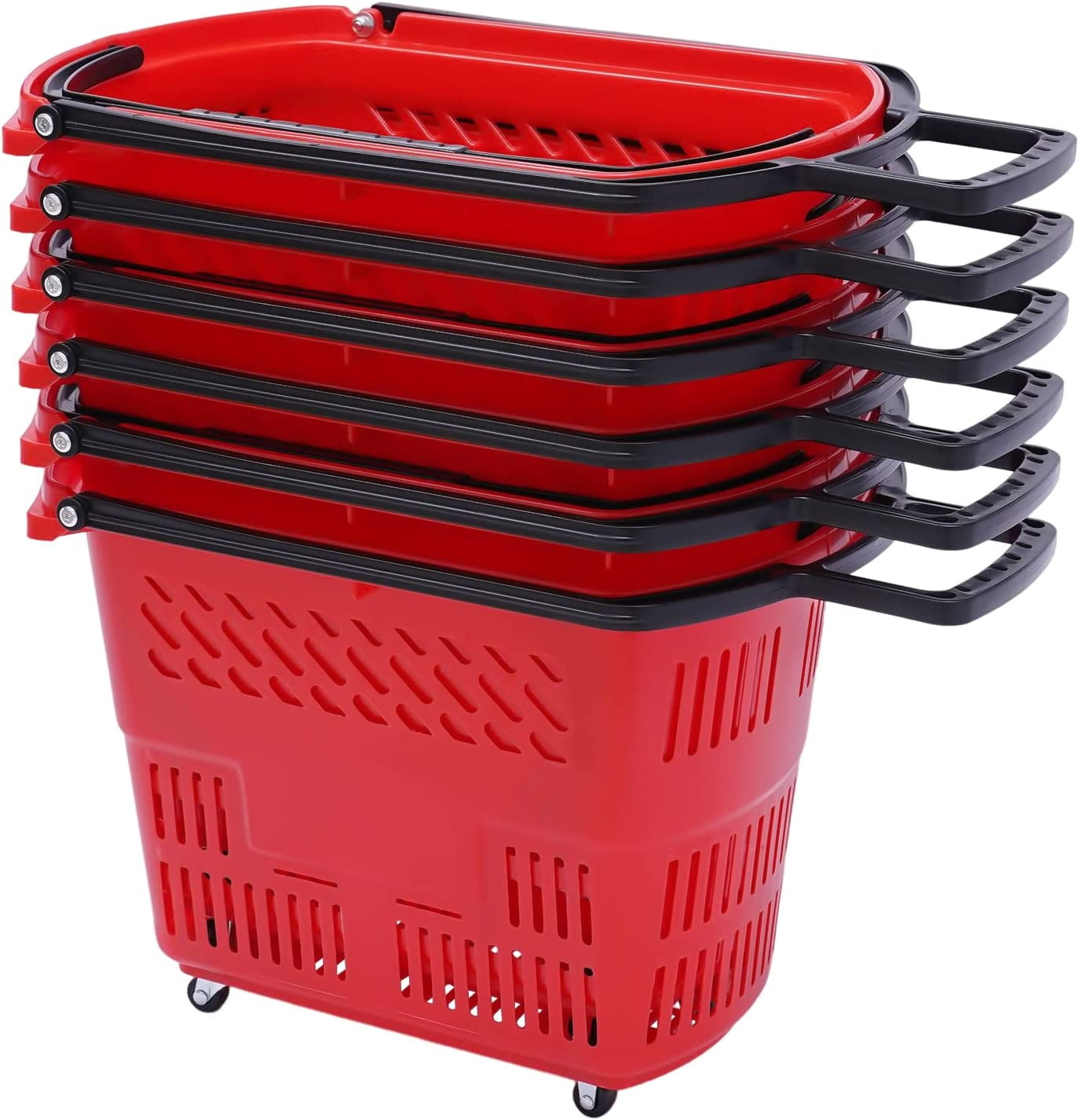 6PCS Shopping Carts with Wheels and Handle, 35L Red Shopping Basket ...