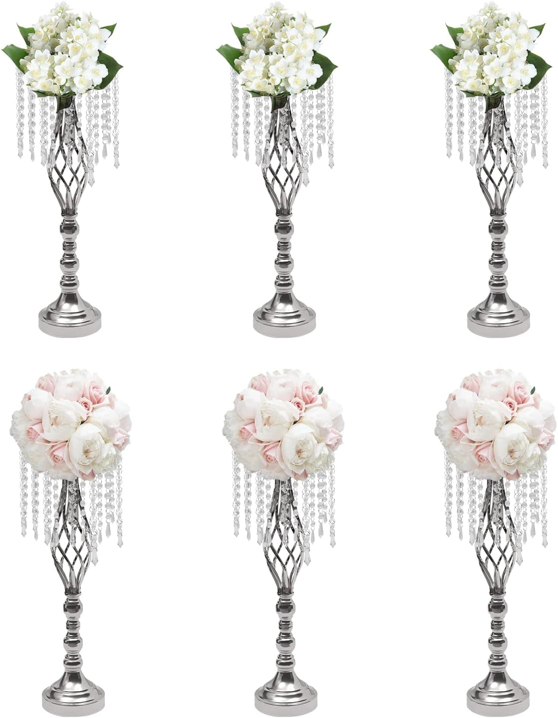 6PCS Silver Metal Flower Vases Crystal Flower Stand Wedding ...