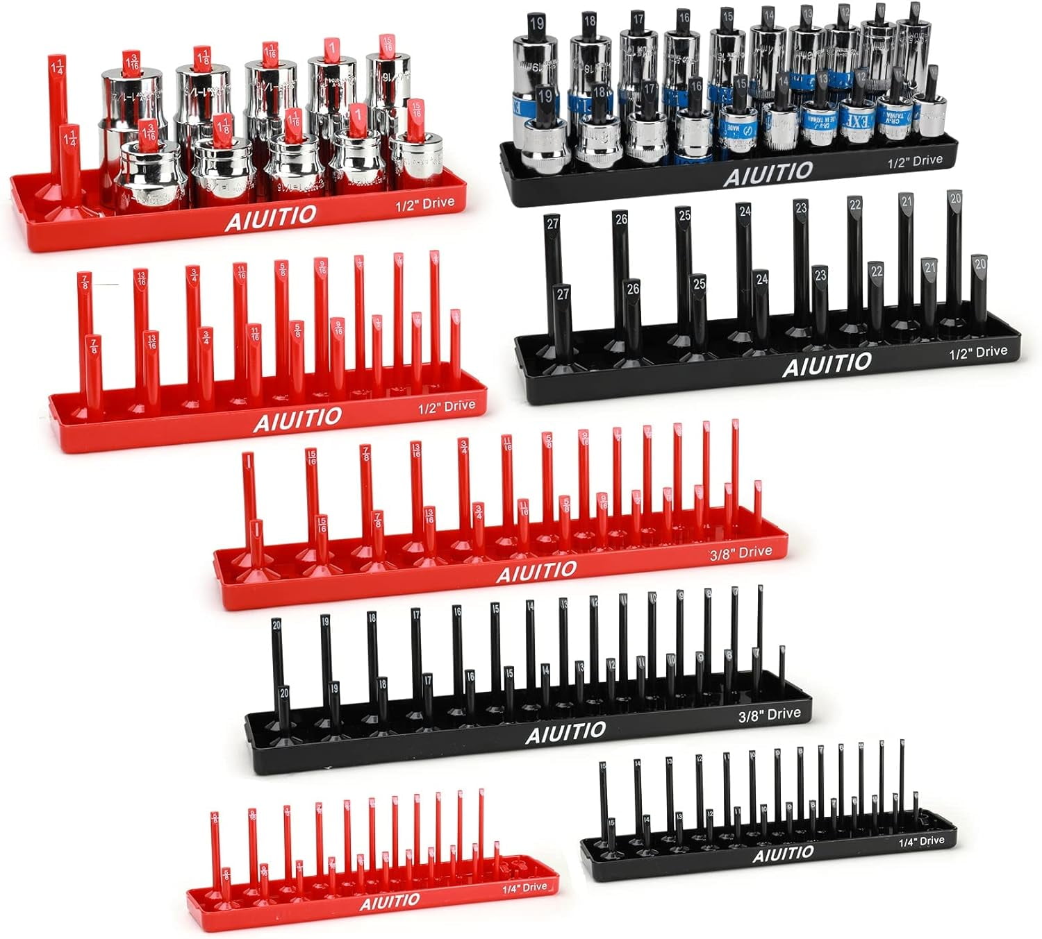 6PCS Socket Organizer Tray Set, Red SAE & Black Metric Socket Storage ...