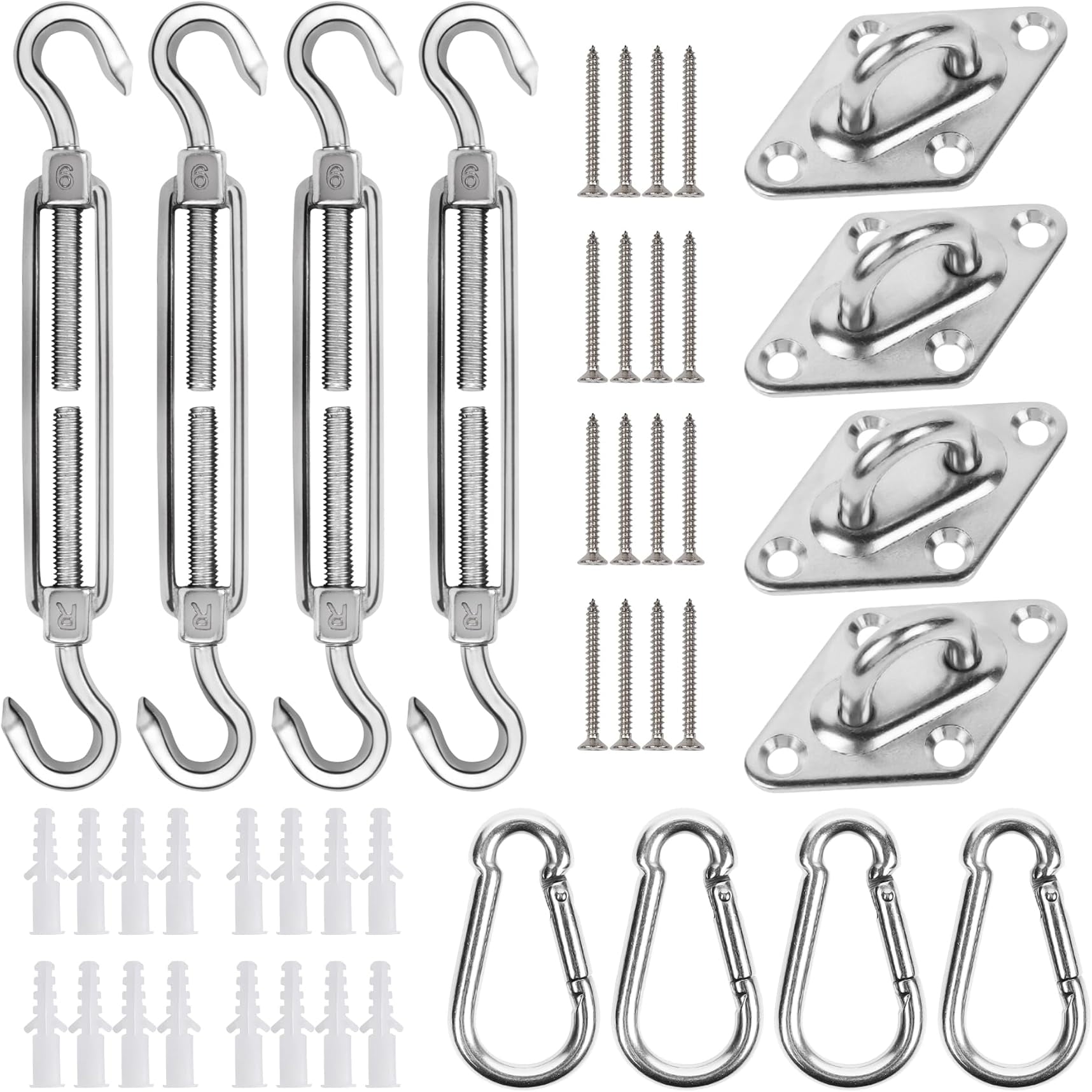 6PCS Sun Shade Sail Hardware Kit with 2 Spring Bungee Cord Hooks, 4 ...