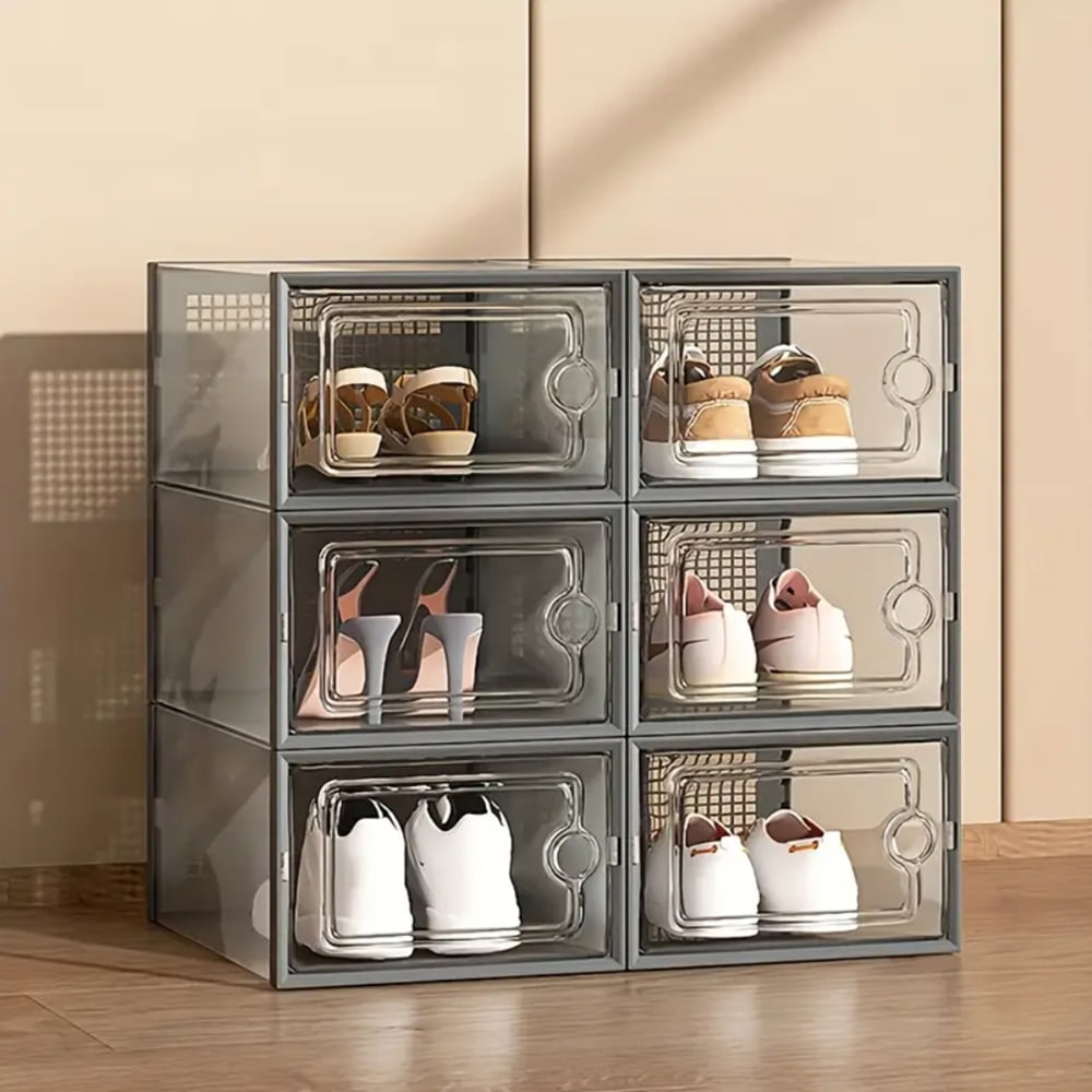 6PCS Thick Transparent Shoe Box with Lid, Foldable & Stackable Plastic ...