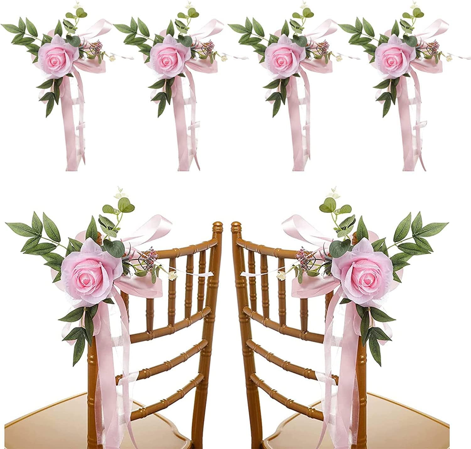 6PCS Wedding Aisle Chair Decorations Pew Flowers, Rose Floral Wedding ...