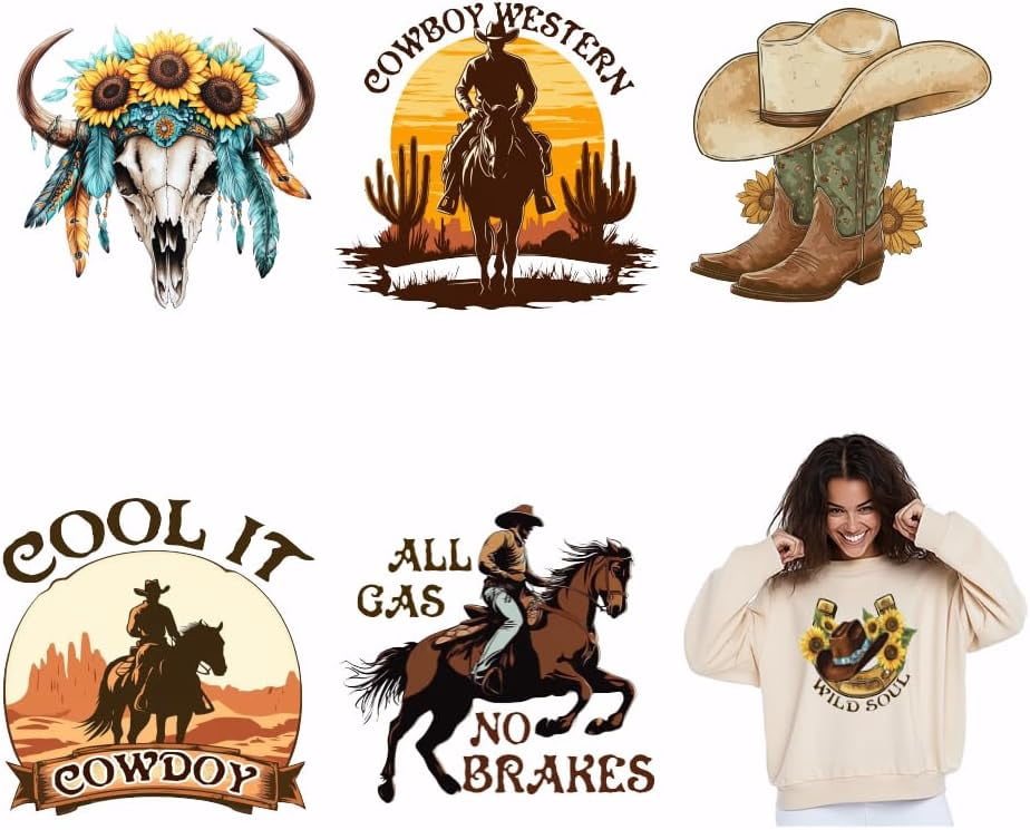6PCS Western Cowboy Iron On Transfer Patches Western Theme Heat ...