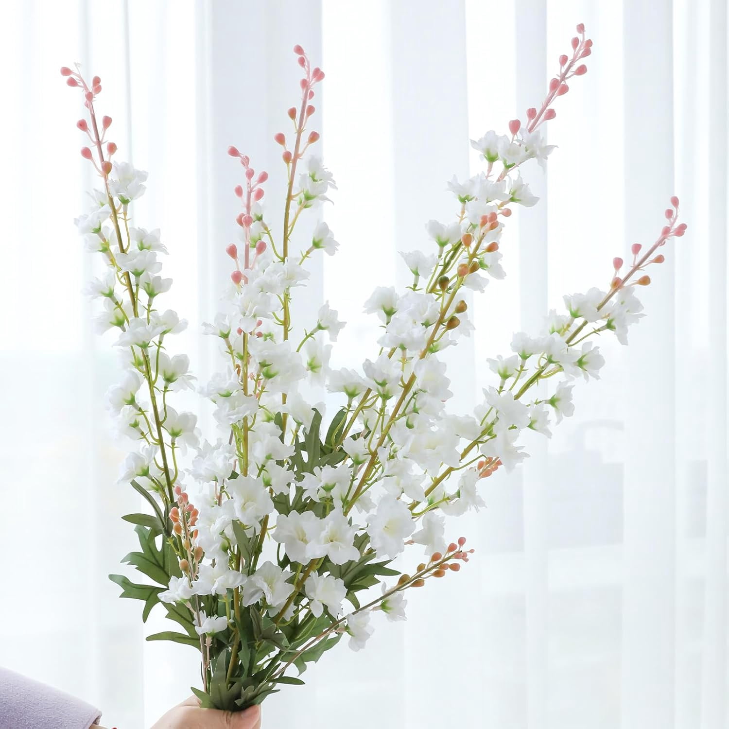 6PCS White Delphinium Artificial Flowers, Long Stem Faux Larkspur Silk ...