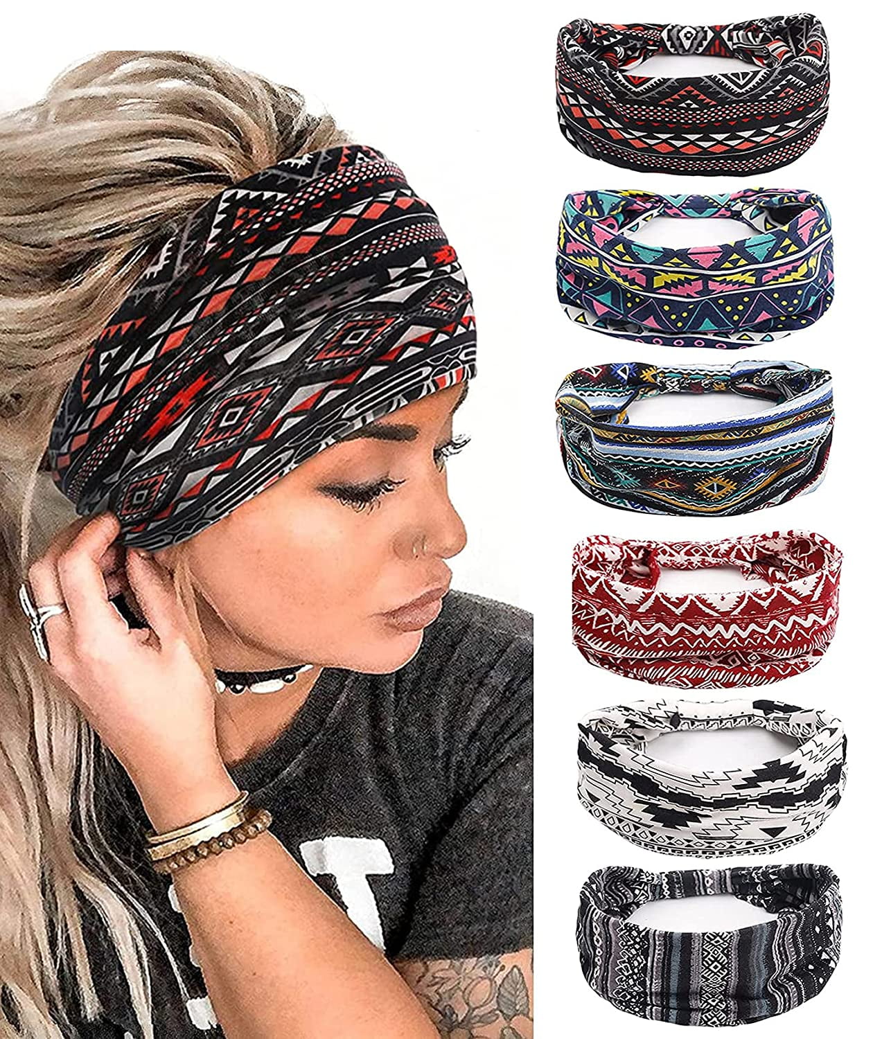 6PCS Wide Boho Headbands for Women Non-Slip Headwraps Yoga Running ...