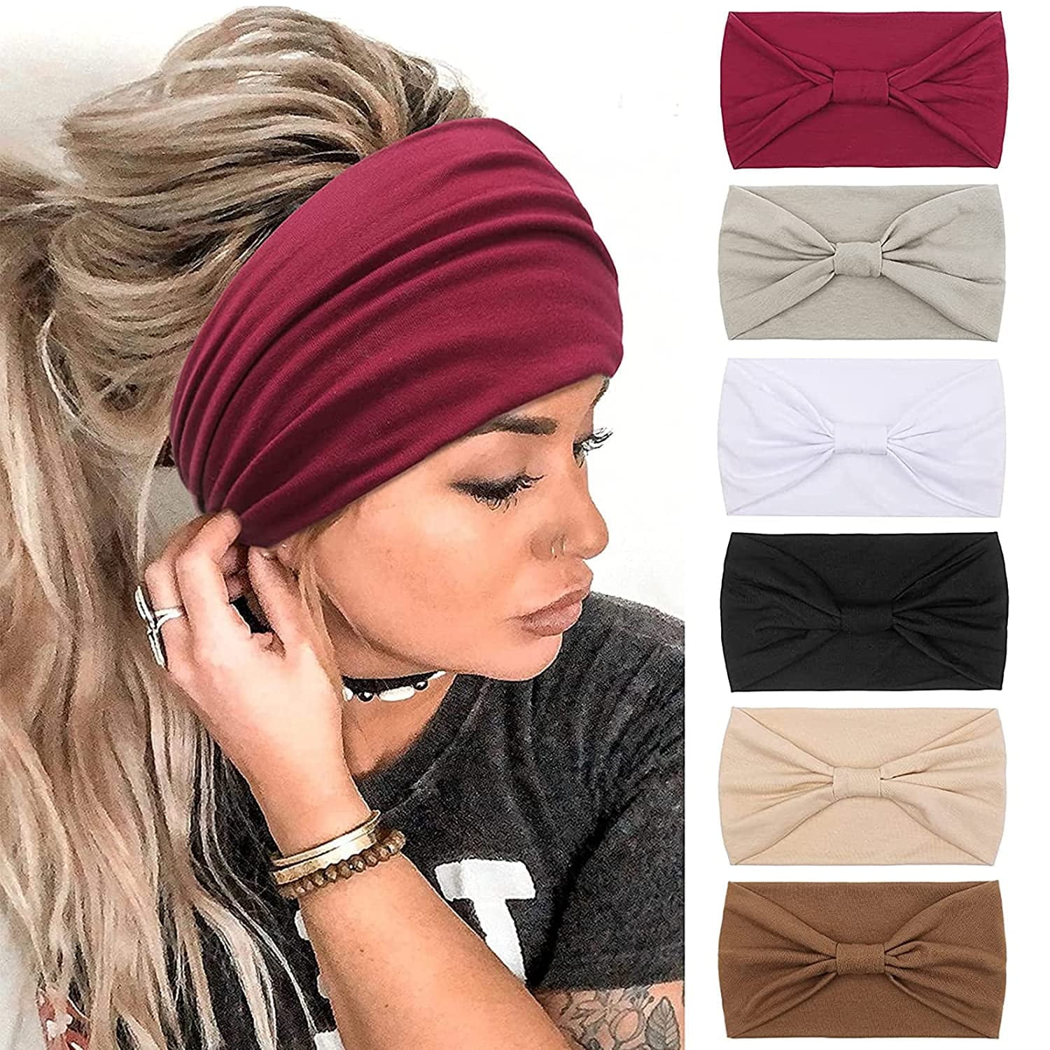 "Vorkoi 6PCS Wide Boho Headbands, Cotton Headwraps for Yoga, Sports ...