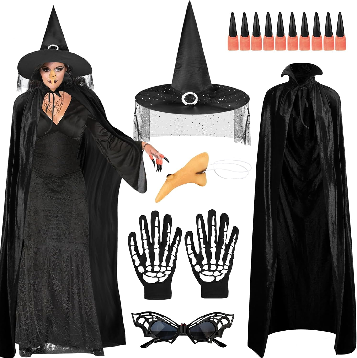 6PCS Witch Costume Set for Women Girls, Black Witches Cape Hat Skeleton ...