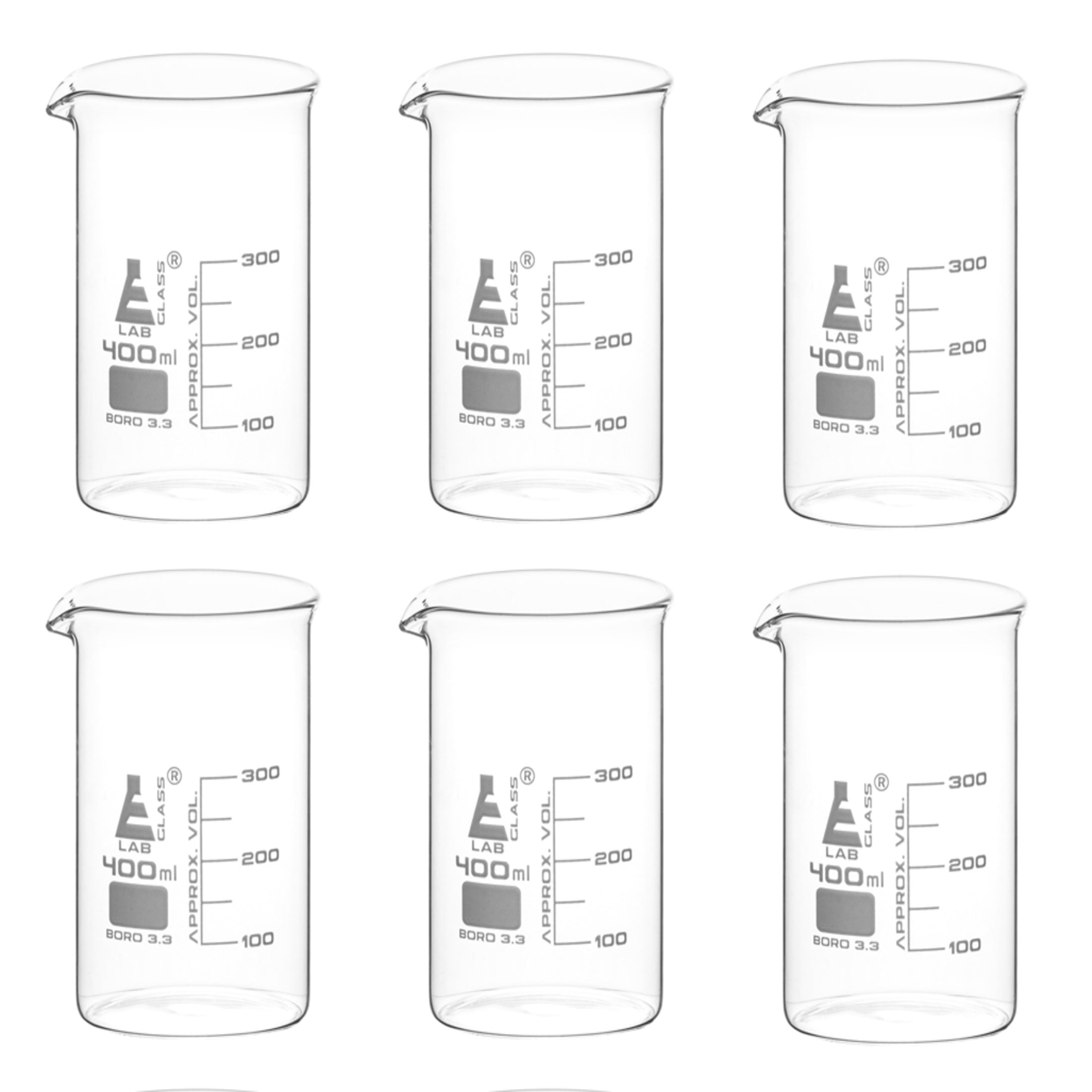 6PK Beakers, 400ml - Low Form with Spout - White, 50ml Graduations - Borosilicate 3.3 Glass ...