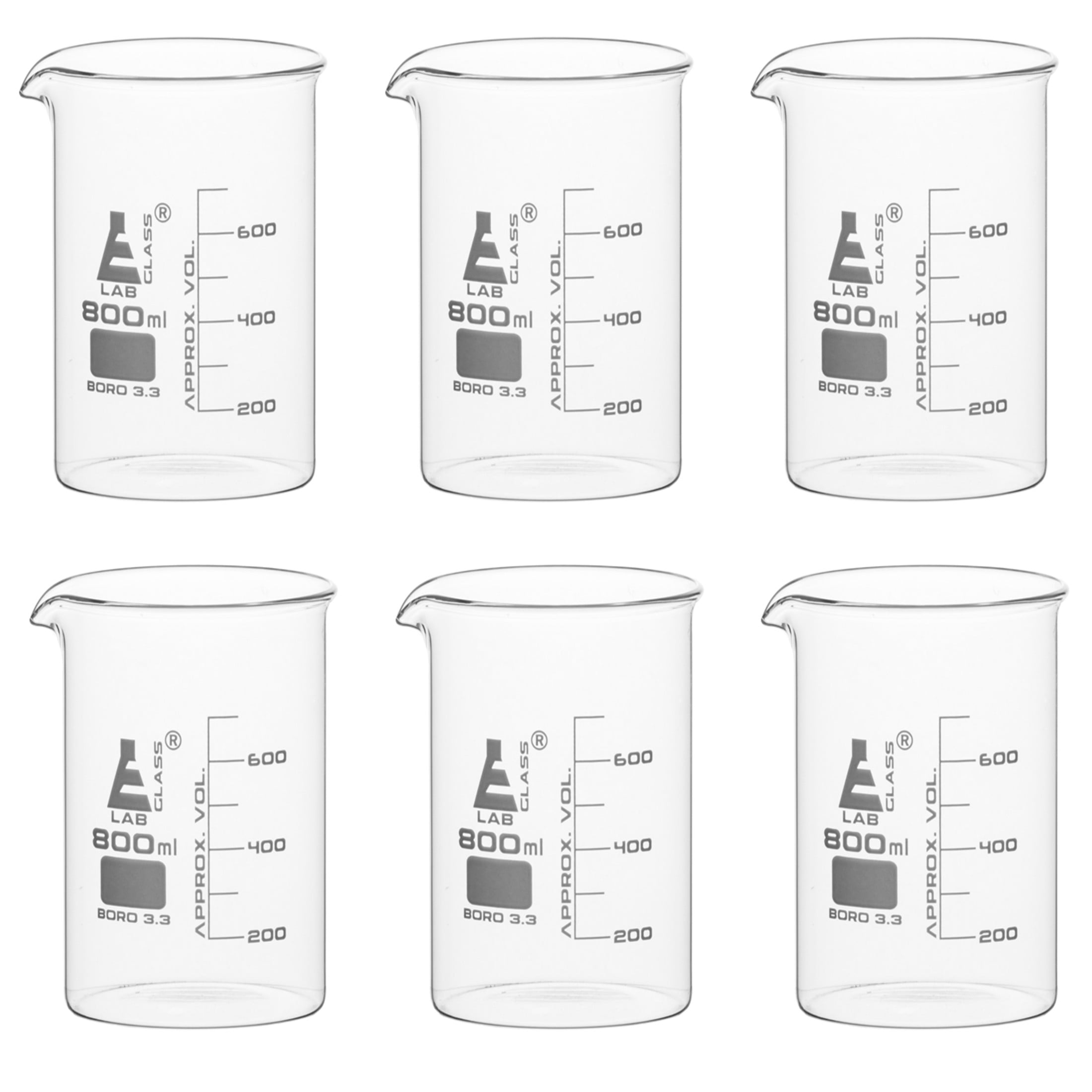 6PK Beakers, 800ml - Low Form with Spout - White, 100ml Graduations - Borosilicate 3.3 Glass ...