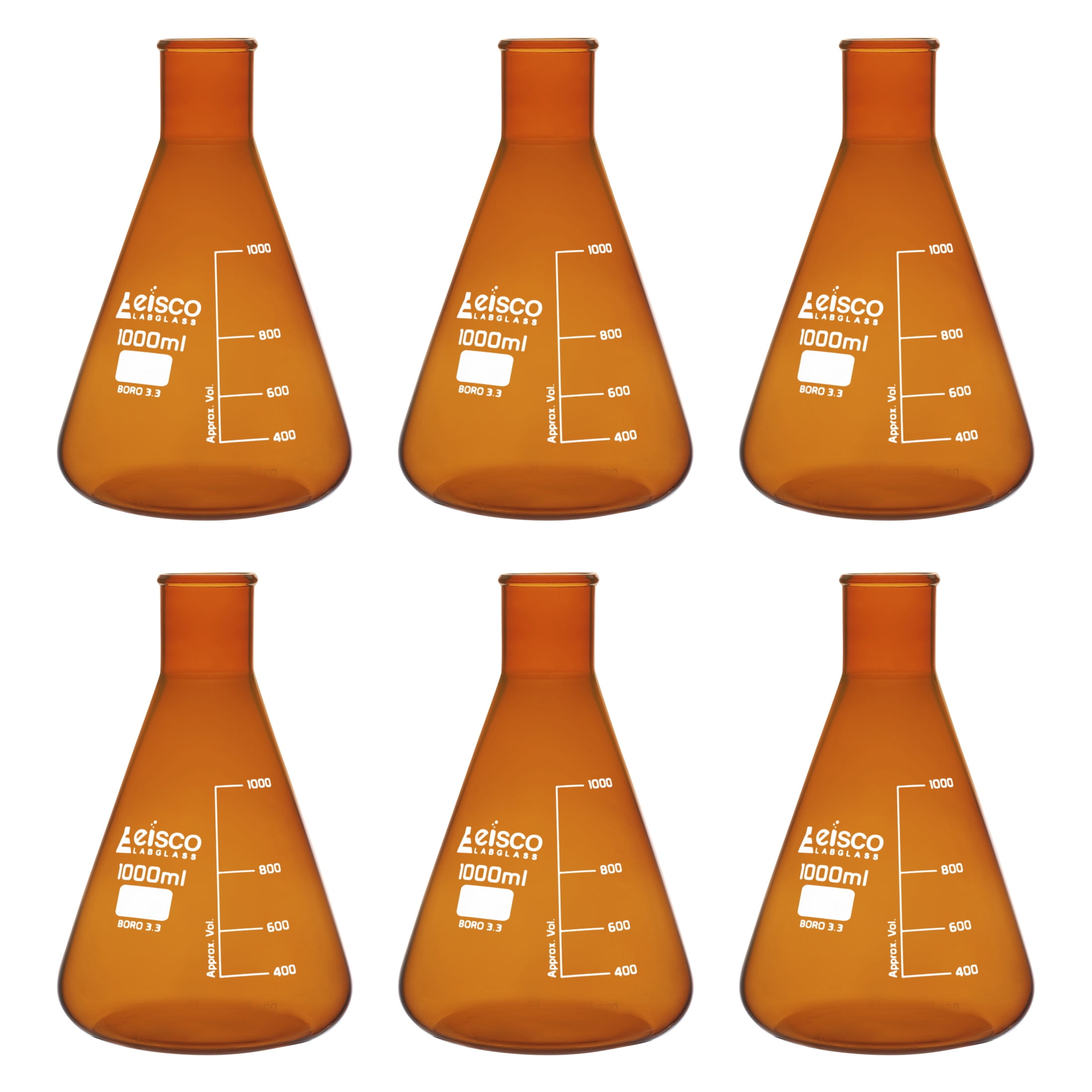 6PK Erlenmeyer Flask, Amber, 1000mL - Borosilicate Glass - Narrow Neck ...