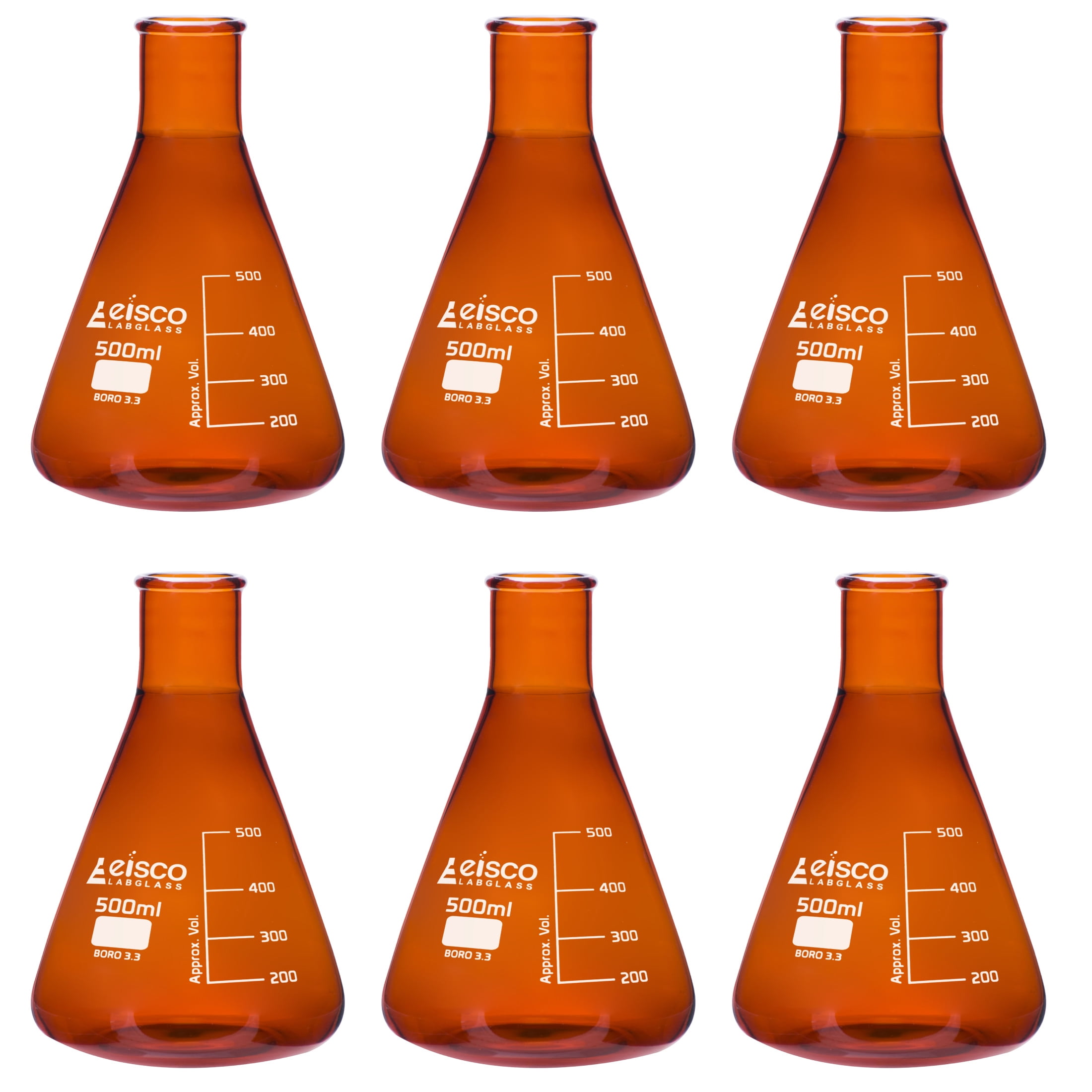 6PK Erlenmeyer Flask, Amber, 500mL - Borosilicate Glass - Narrow Neck ...