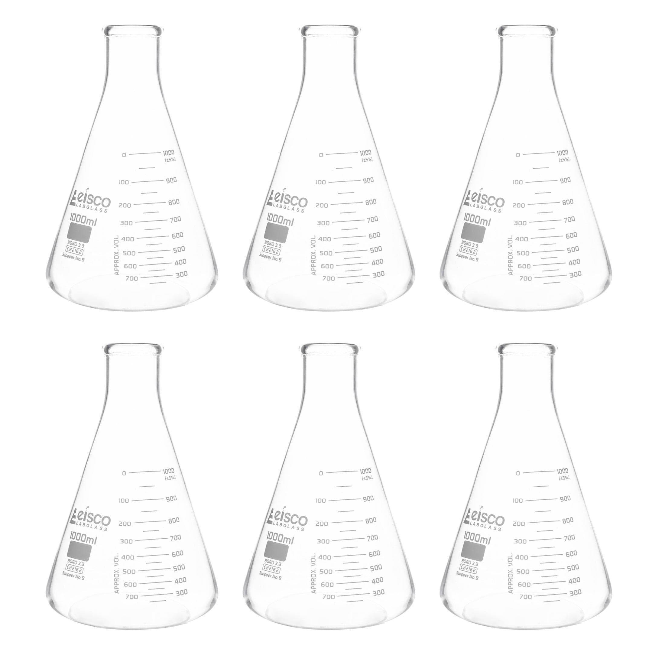 6PK Erlenmeyer Flasks, 1000mL - ASTM, Dual Graduated Scale ...
