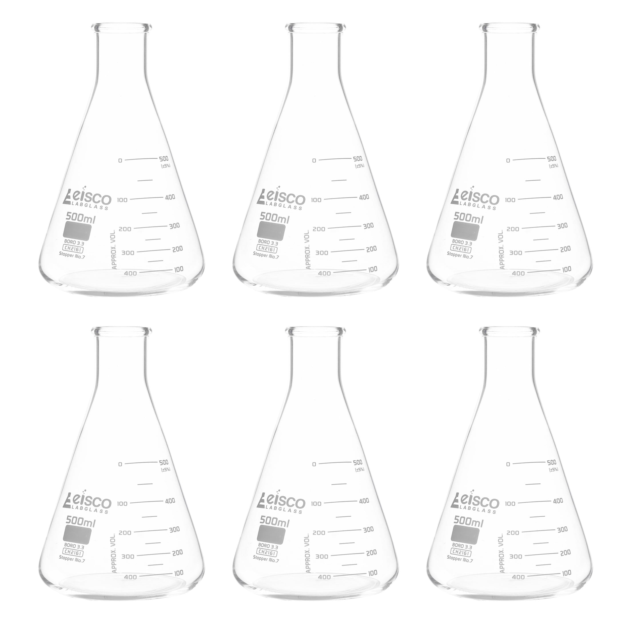 6PK Erlenmeyer Flasks, 500mL - ASTM, Dual Graduated Scale ...