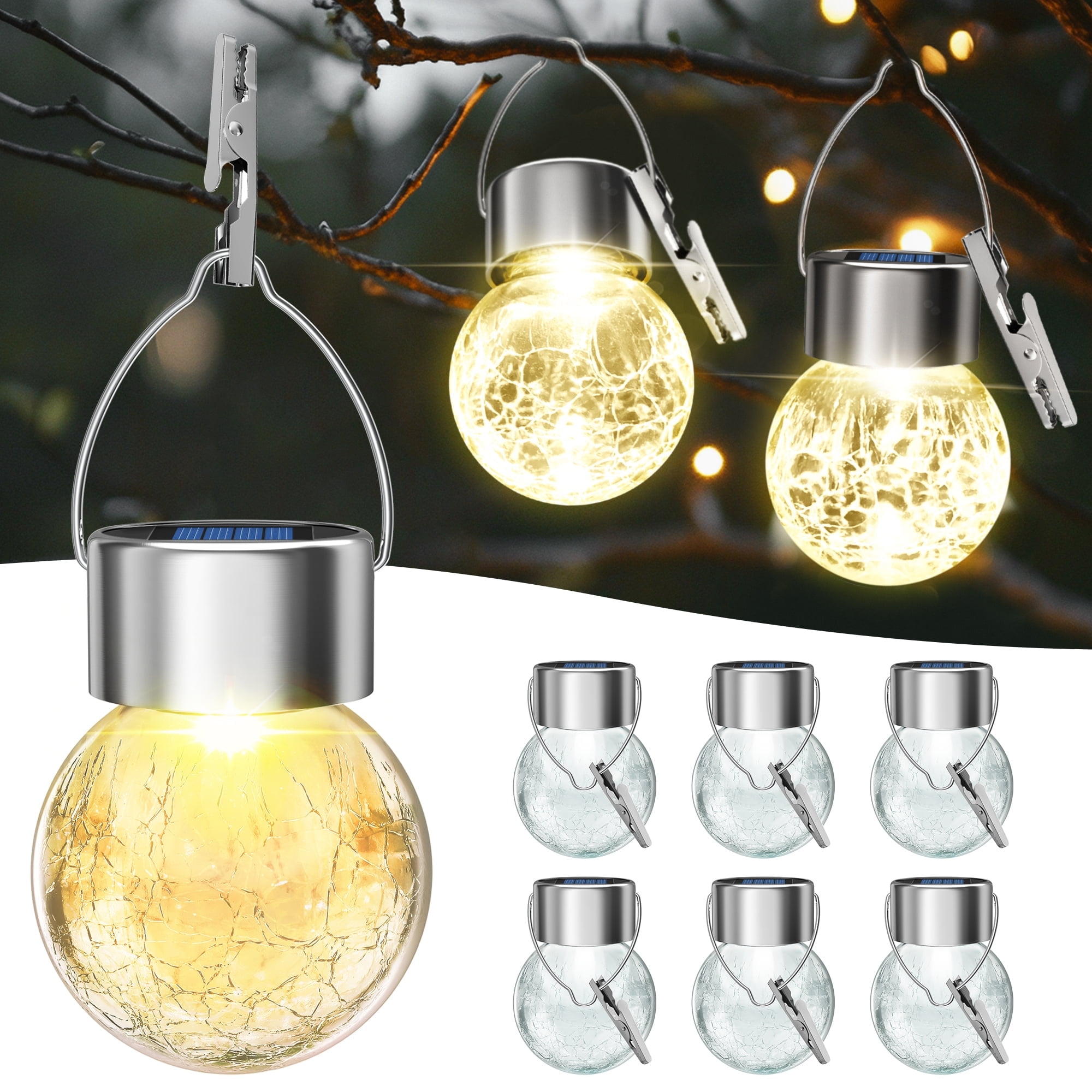 6PK Outdoor Hanging Solar Lights Solar Powered Crackle Glass Ball ...