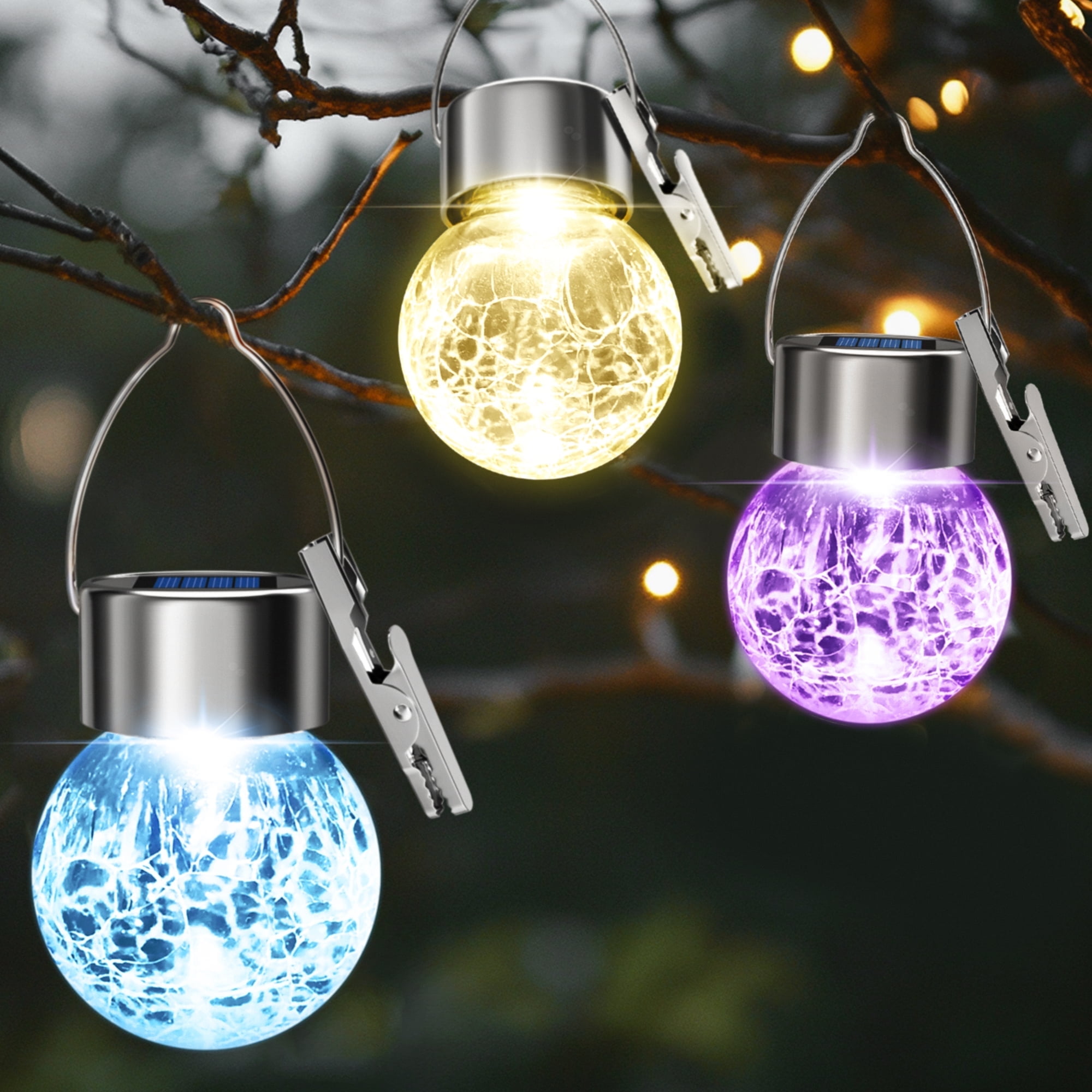 6PK Outdoor Hanging Solar Lights Solar Powered Crackle Glass Ball ...