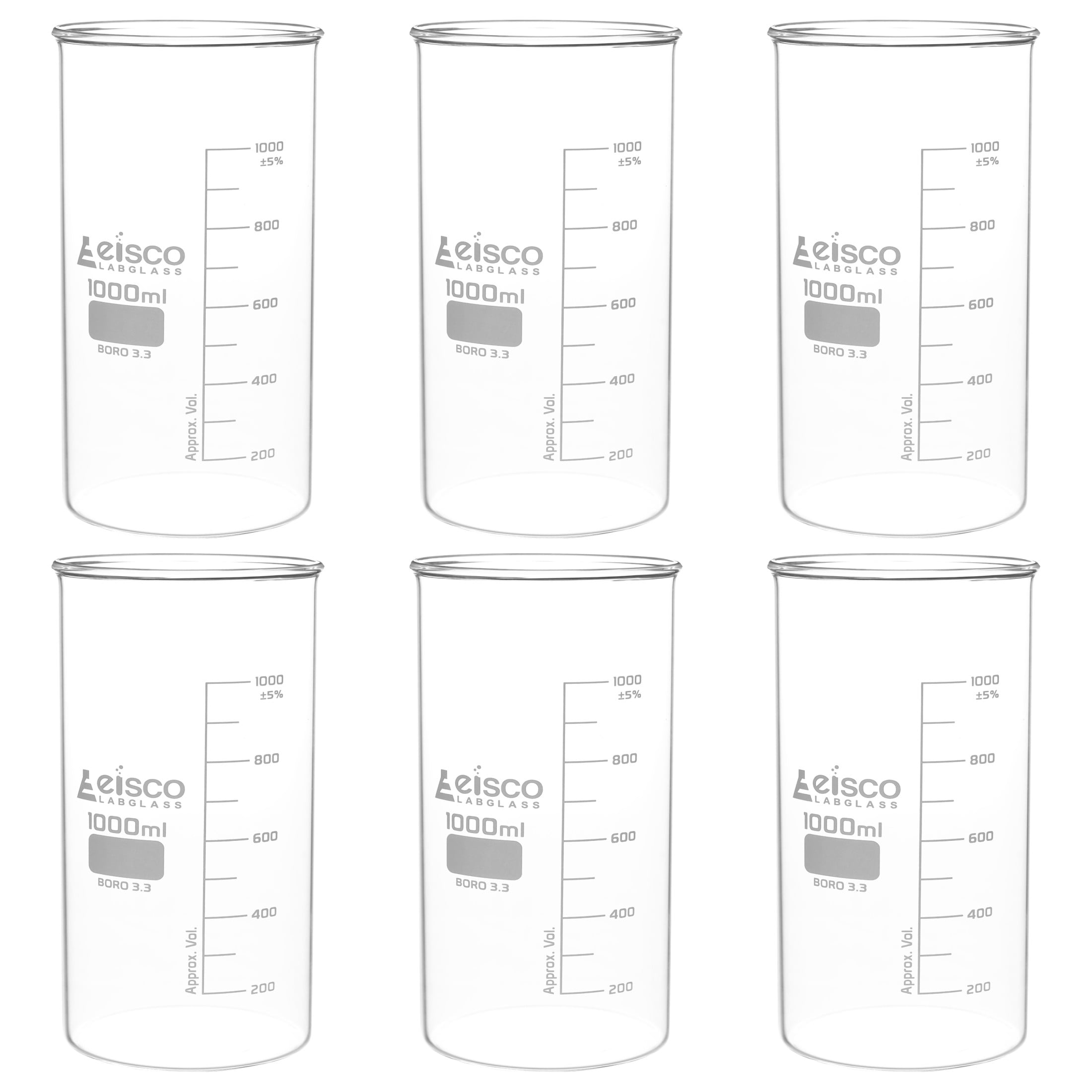 6PK Tall Form Beakers Without Spout, 1000mL - Graduated - Borosilicate ...