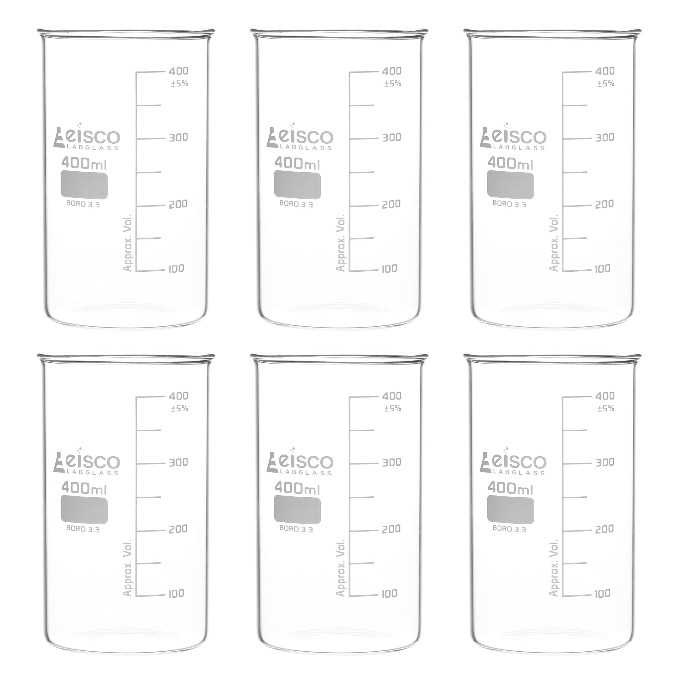 6PK Tall Form Beakers Without Spout, 400mL - Graduated - Borosilicate ...