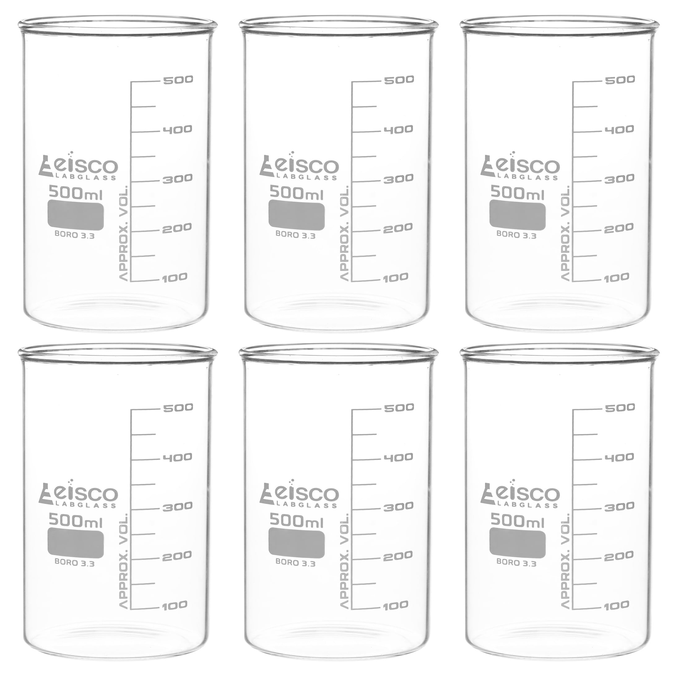 6PK Tall Form Beakers Without Spout, 500mL - Graduated - Borosilicate ...