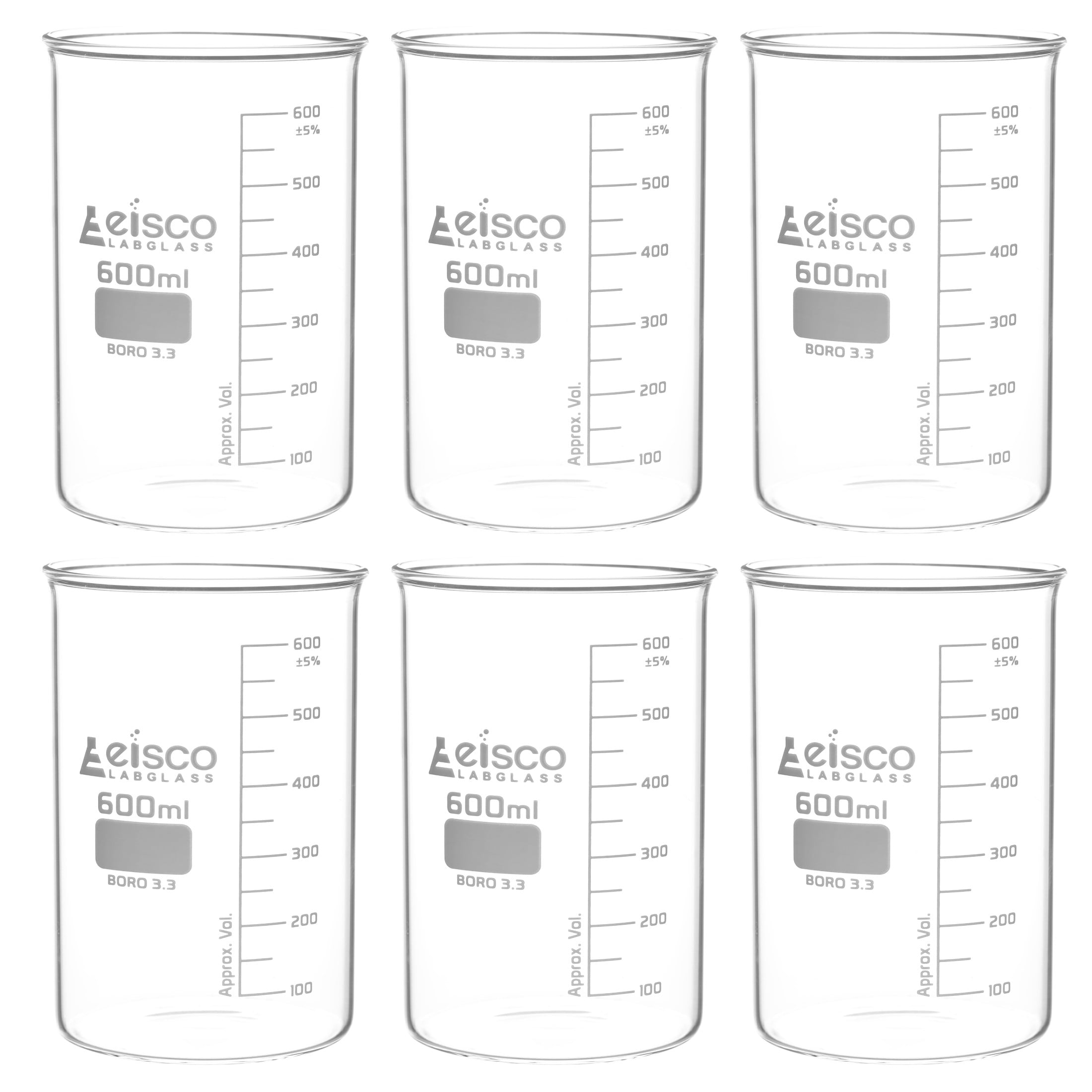 6PK Tall Form Beakers Without Spout, 600mL - Graduated - Borosilicate Glass - Berzelius Beakers ...