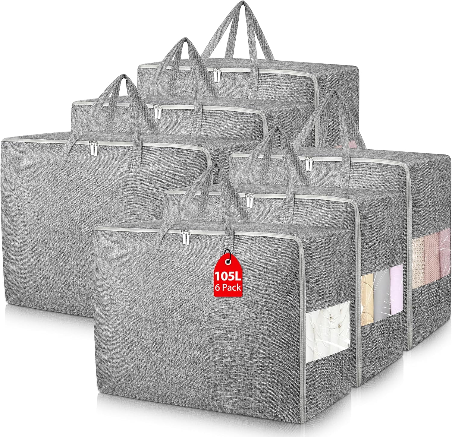 6Pack 105L Storage Bags, Folding Moving Comforter Blanket Storage Bags ...