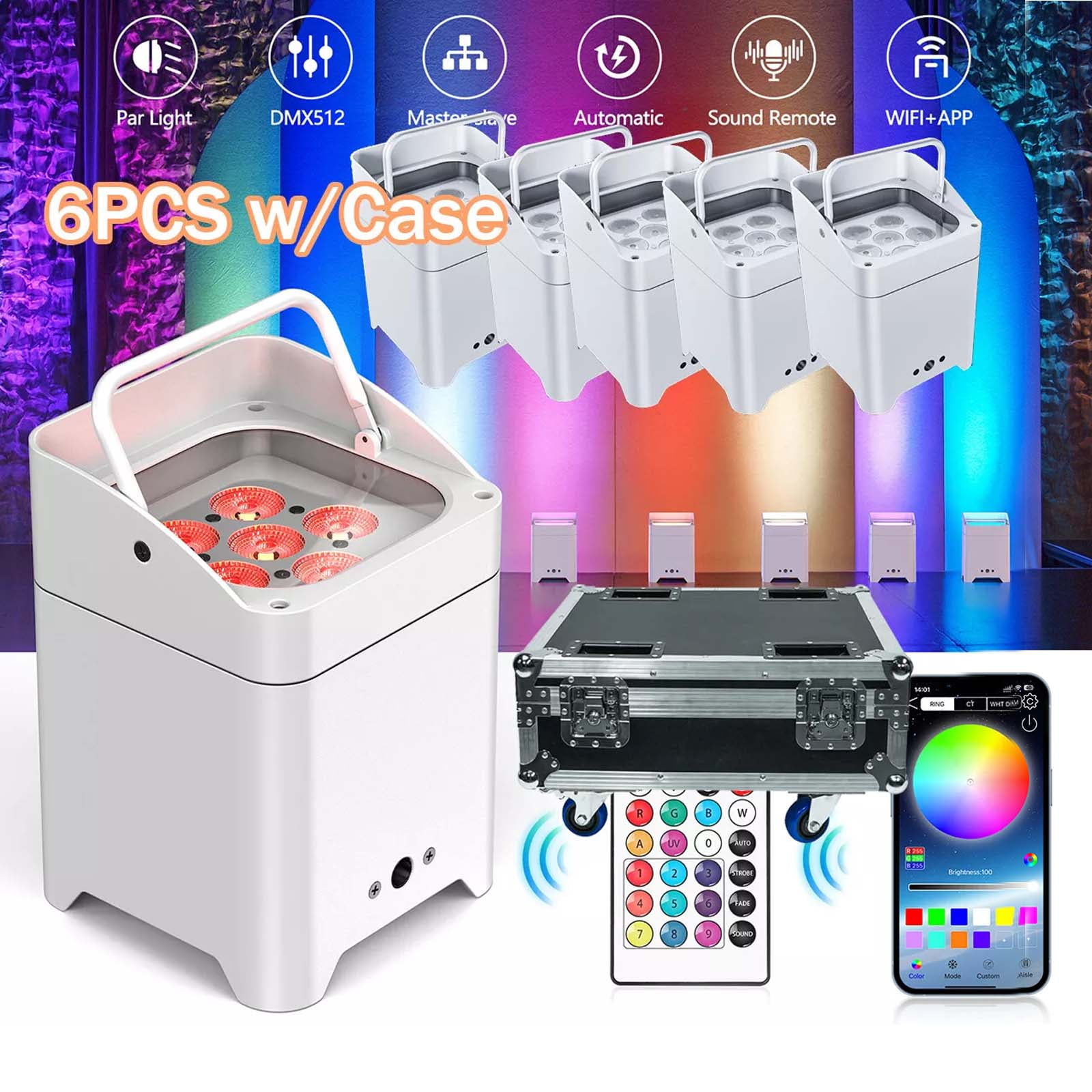 6Pack 108W Battery LED Par Spotlight RGBWA+UV WiFi/DMX/APP Stage Light ...