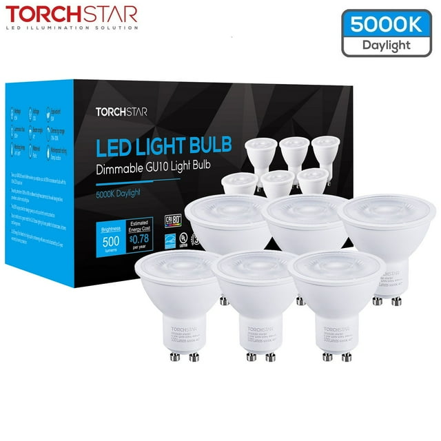 TorchStar 6-Pack GU10 Base MR16 LED Light Bulb, 6.5W=60W, Dimmable, 5000K Daylight, Energy Star ...
