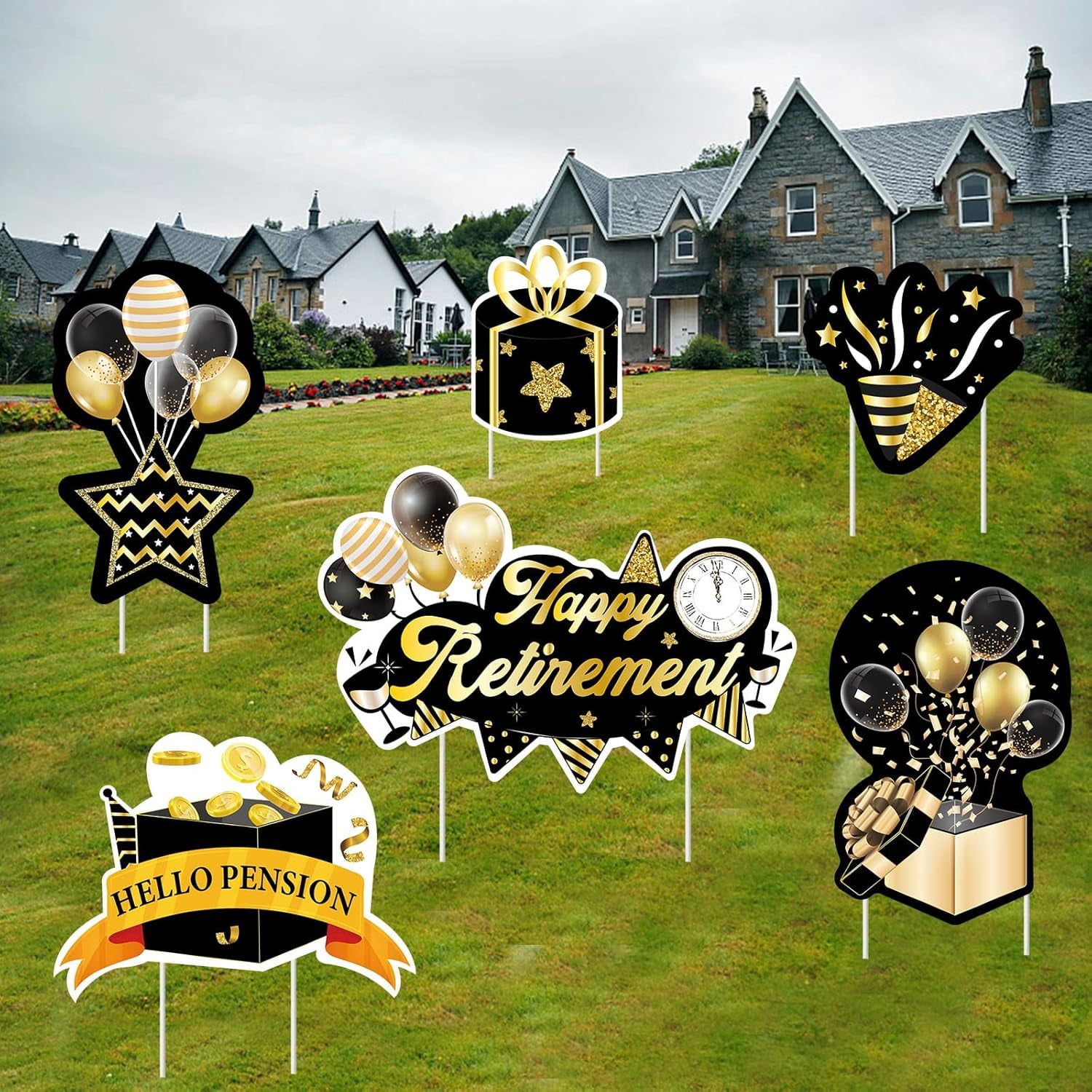 6Pack Happy Retirement Yard Signs Signs Black Gold Retirement Lawn Sign ...