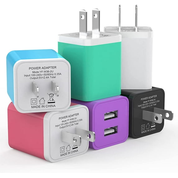 6Pack USB Wall Charger, 2.4A Dual USB Port Cube Power Plug Adapter Fast ...