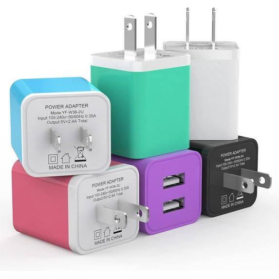 6Pack USB Wall Charger, 2.4A Dual USB Port Cube Power Plug Adapter Fast ...