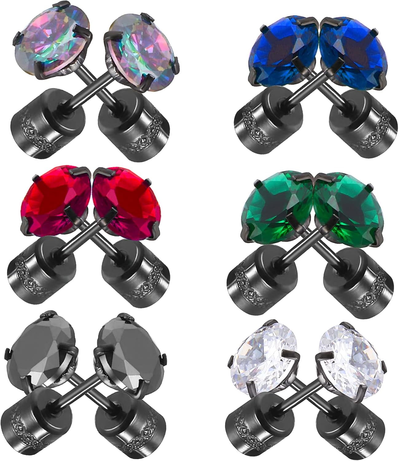 6Pairs Cubic Zirconia Earrings Lightweight Titanium Stainless Steel ...