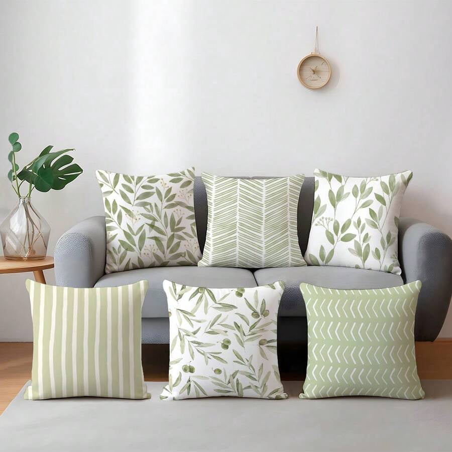 6Pc Green Leaf & Geometric Pattern Cushion Cover Set, Peach Velvet ...